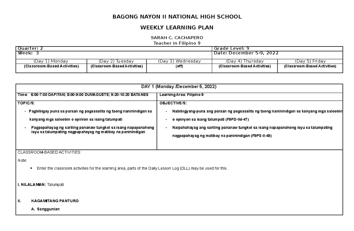 2ND-WEEK-3 Sanaysay - LESSON PLAN - BAGONG NAYON II NATIONAL HIGH ...