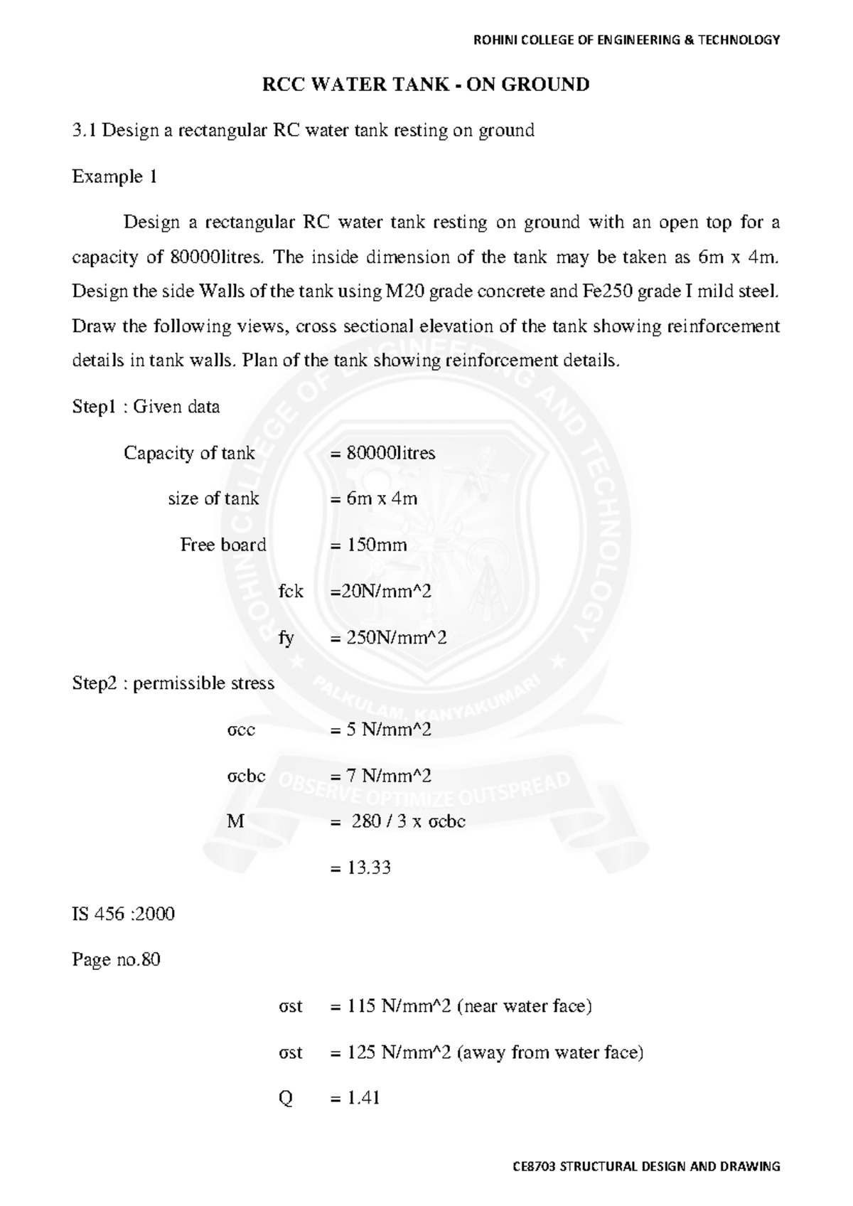 Rohini 17217986221 - RCC WATER TANK - ON GROUND 3 Design a rectangular ...