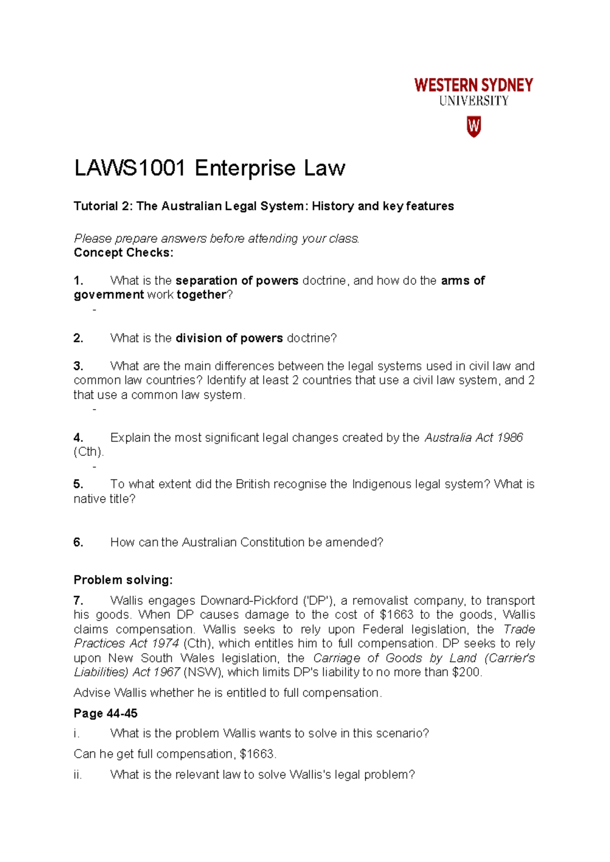 Tutorial 2 - LAWS1001 Enterprise Law Tutorial 2: The Australian Legal System: History and key ...