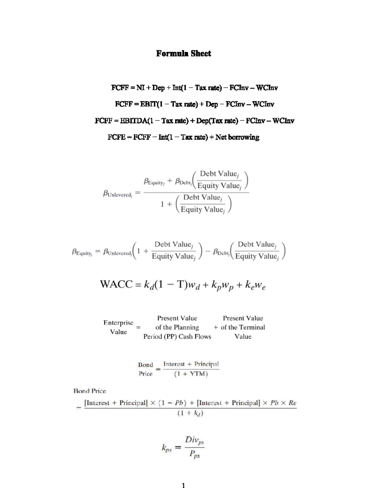 Formula sheet fina2207 - Formula Sheet FCFF NI Dep Int(1 Tax rate ...