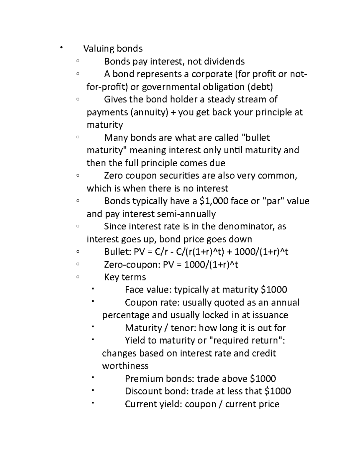 4 - Bond Valuation - Lecture notes 4 - Valuing bonds o Bonds pay ...