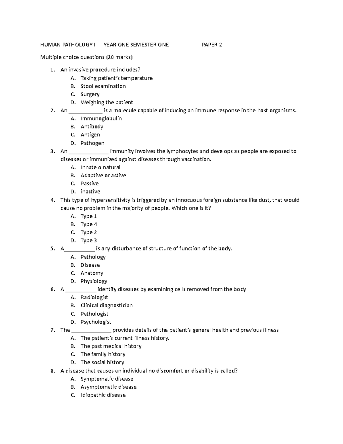 Human Pathology I Paper 2 Y1 S1 - HUMAN PATHOLOGY I YEAR ONE SEMESTER ...