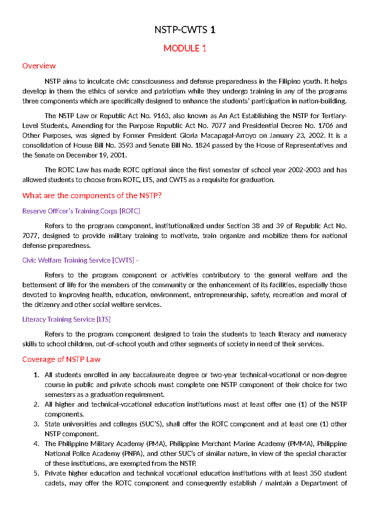 NSTP - my notes in CWTS - NSTP-CWTS 1 MODULE 1 Overview NSTP aims to ...