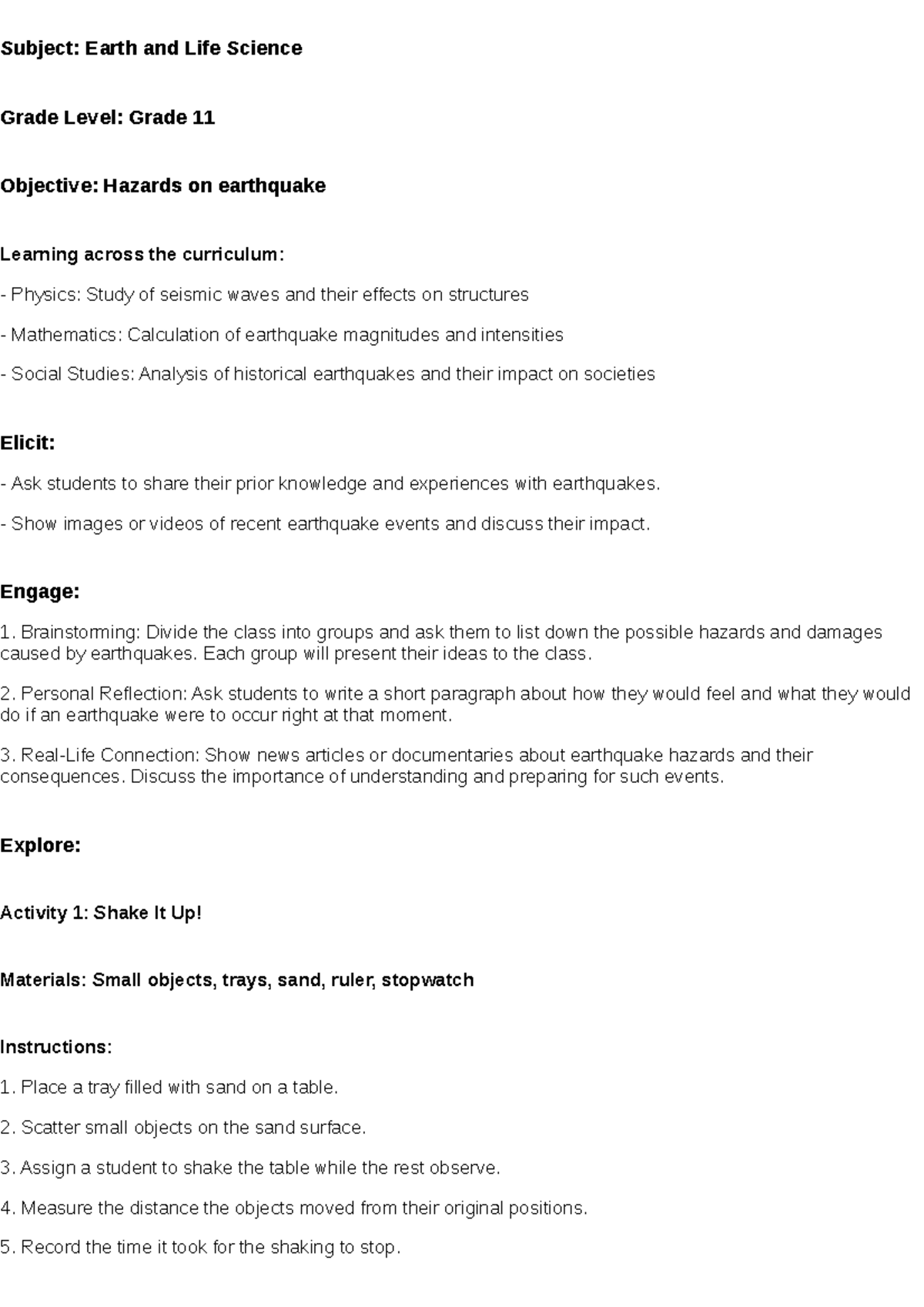 Lesson plan - Subject: Earth and Life Science Grade Level: Grade 11 ...