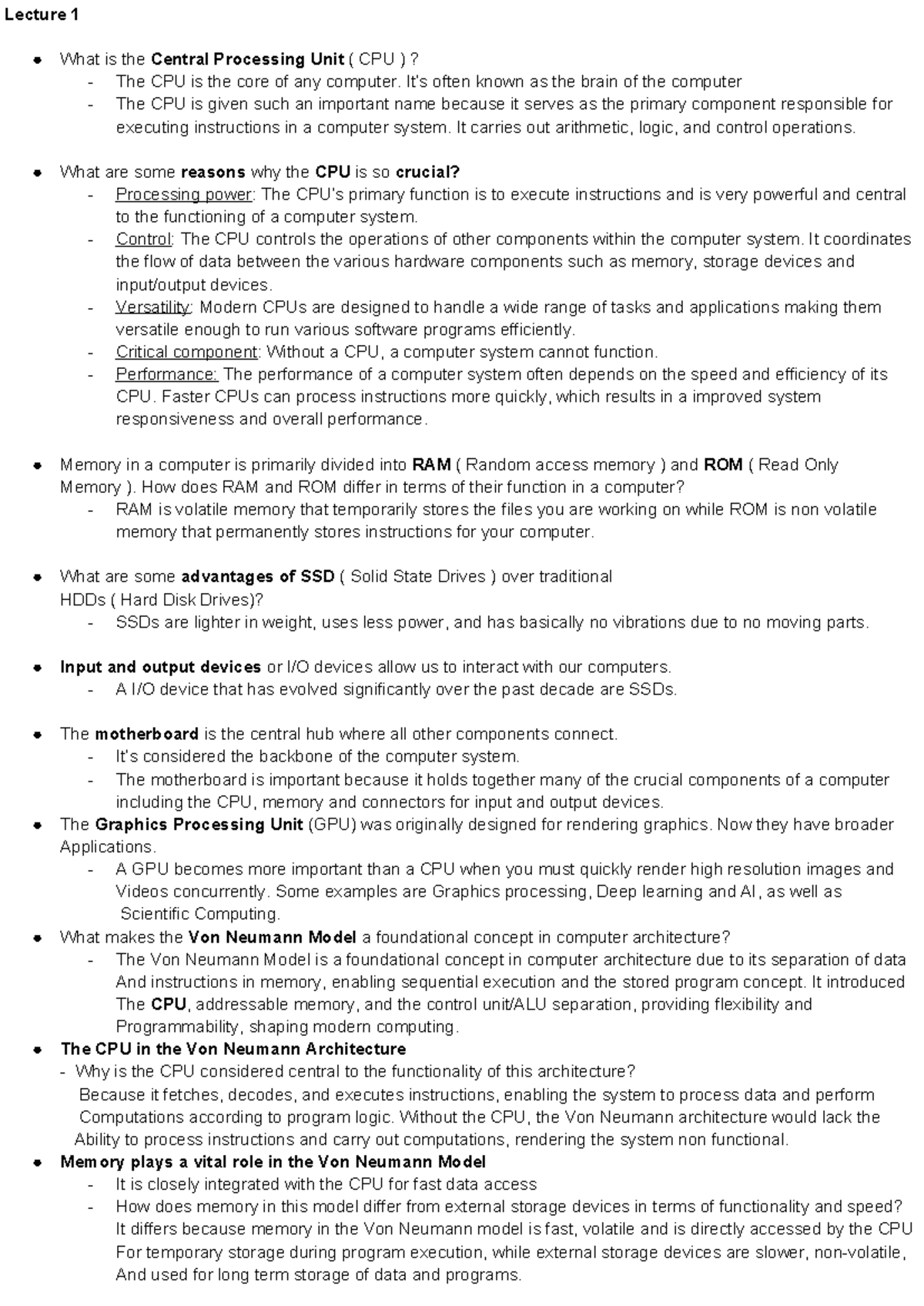 Comp 228 Lecture 1-3 Review - Lecture 1 What is the Central Processing Unit ( CPU )? - The CPU ...