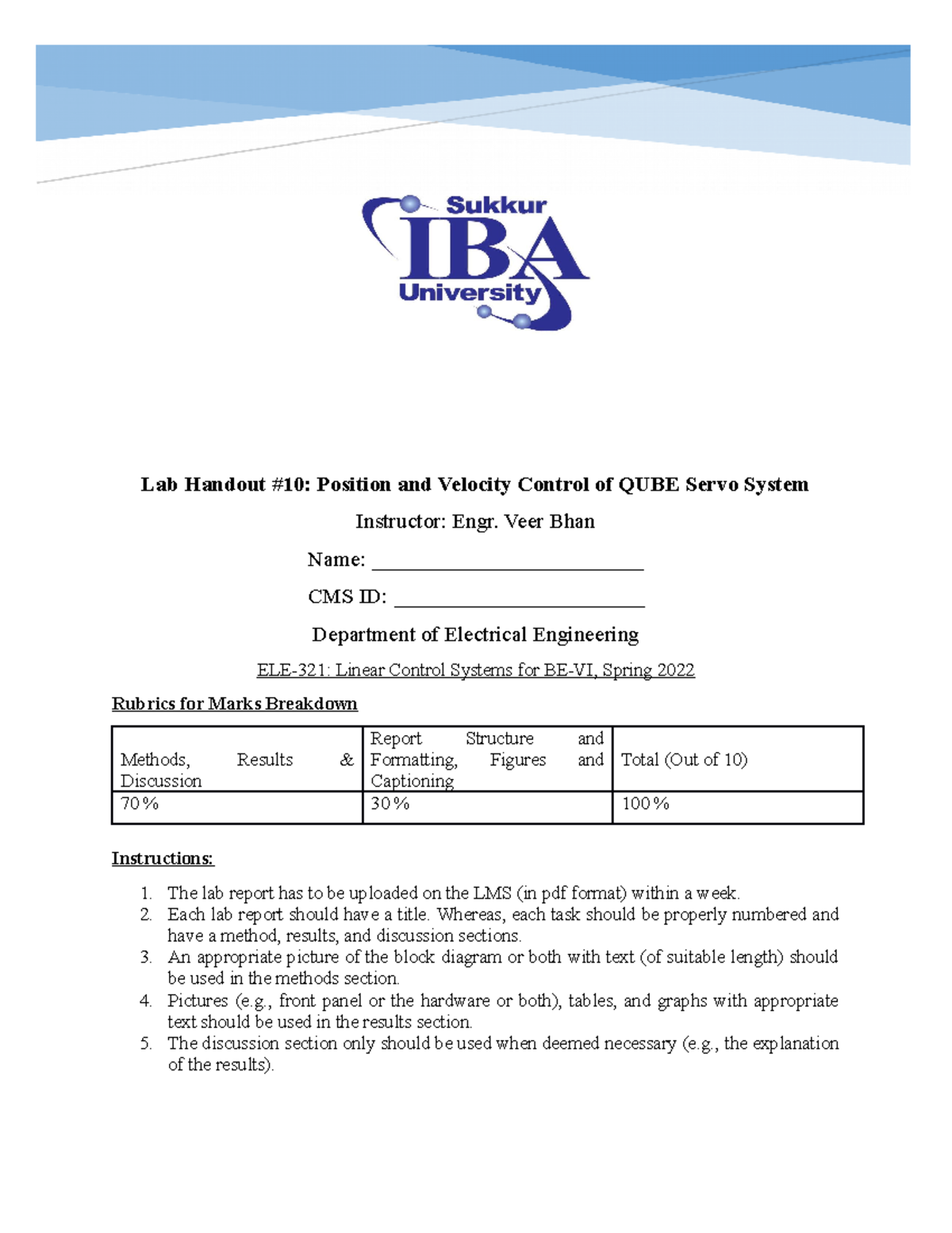 Lab-10 (Position and velocity control of QUBE Servo) - Lab Handout #10 ...