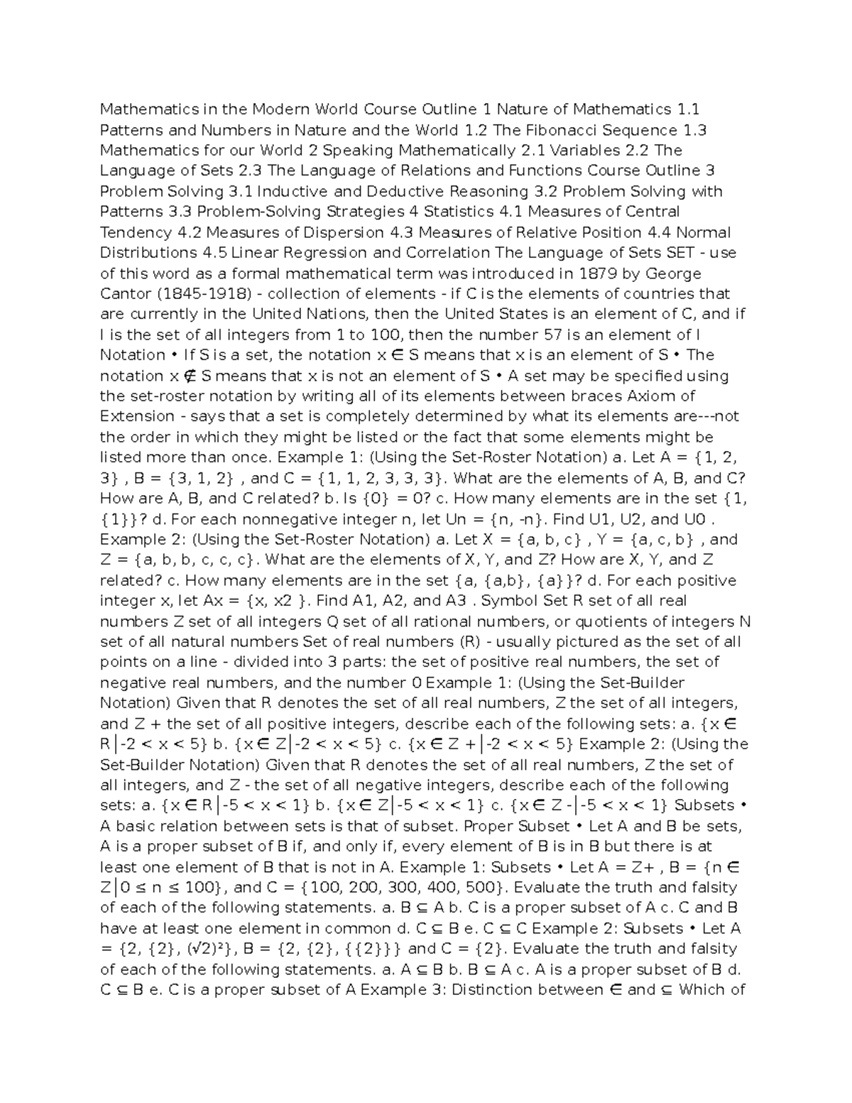 Mathematics in the Modern World Course Outline 1 Nature of Mathematics ...