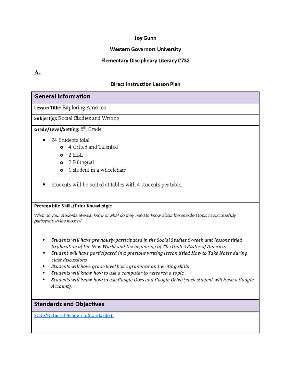 Elementary Social Studies and Writing lesson plan - Joy Gunn Western ...