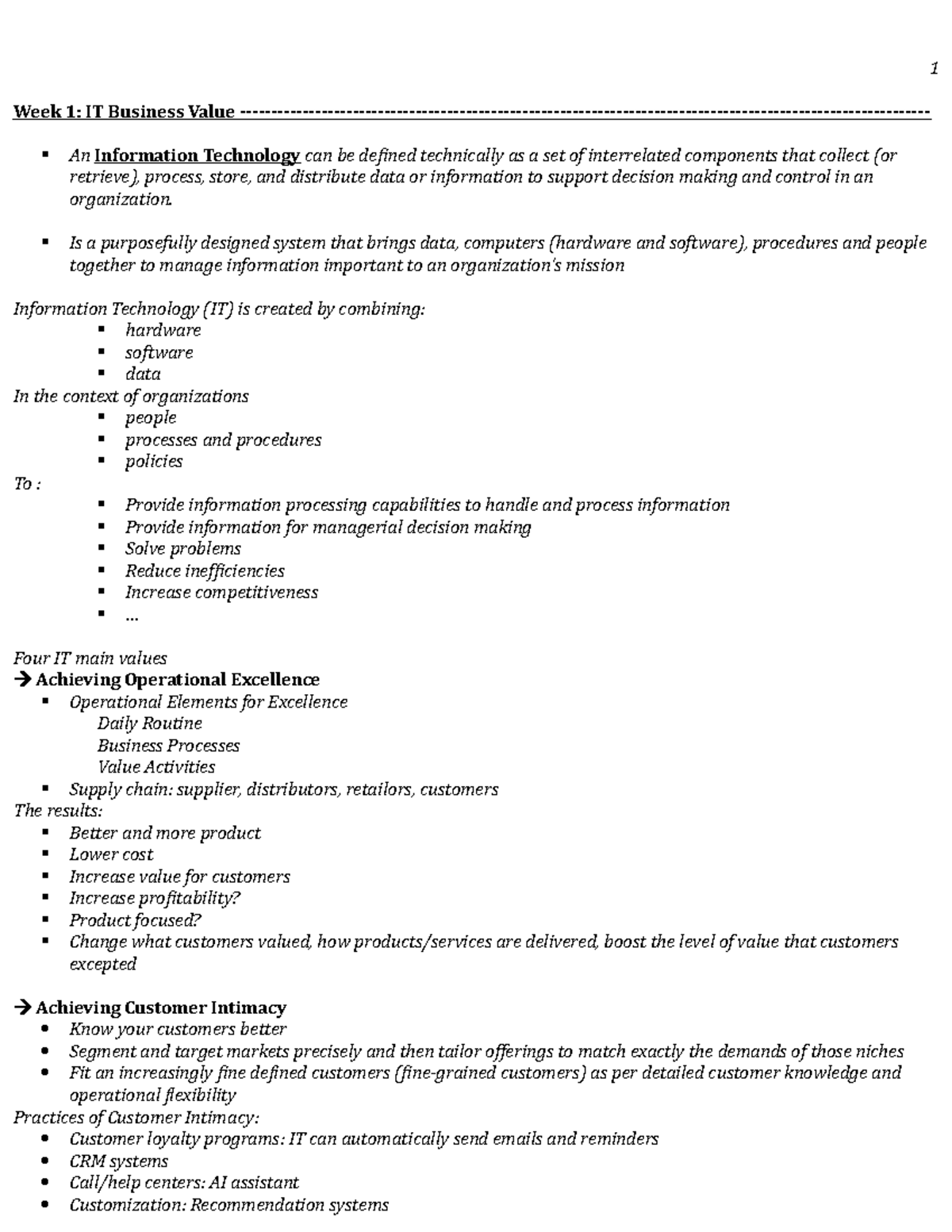 AFM 241 Cheat Sheet - 1 Week 1: IT Business Value An Information ...