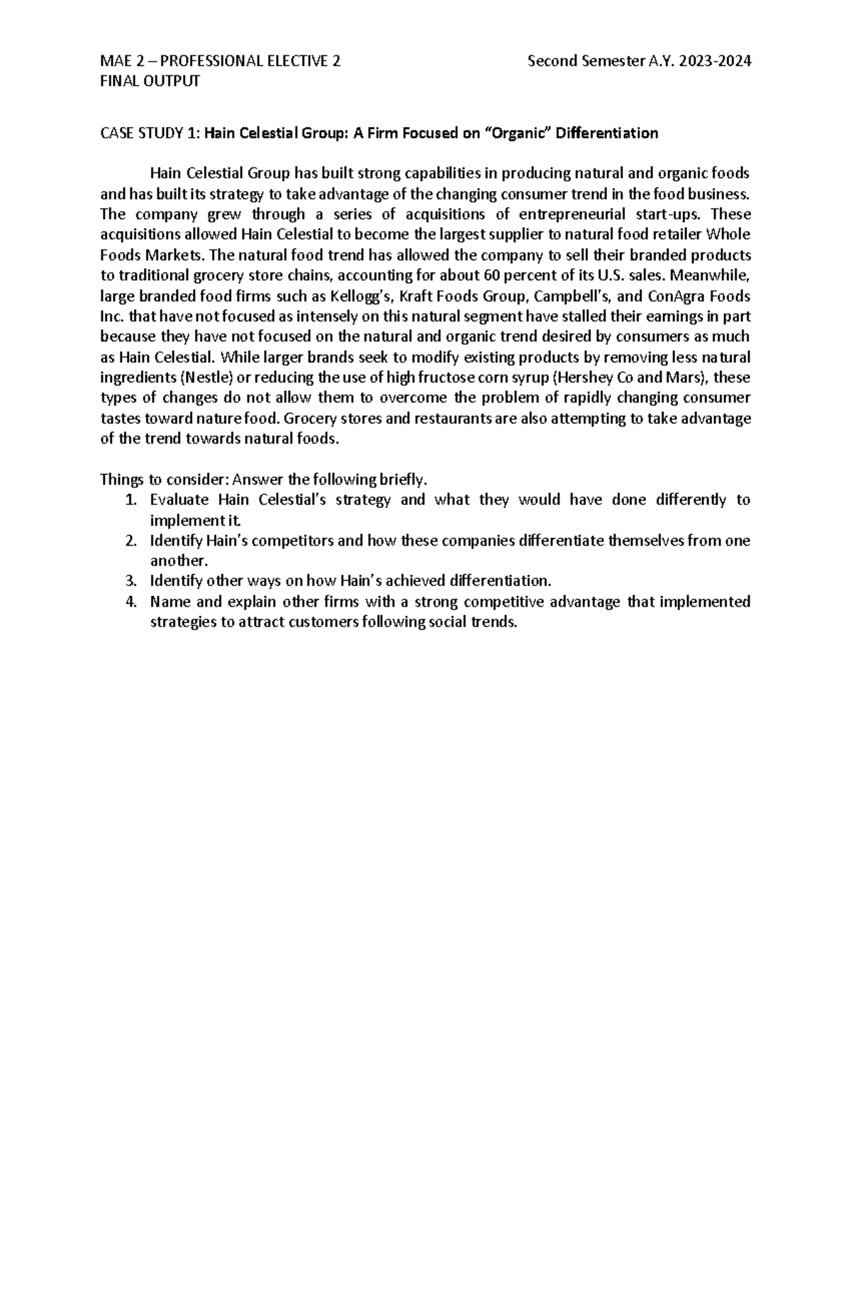 CASE Study final output - FINAL OUTPUT CASE STUDY 1: Hain Celestial ...
