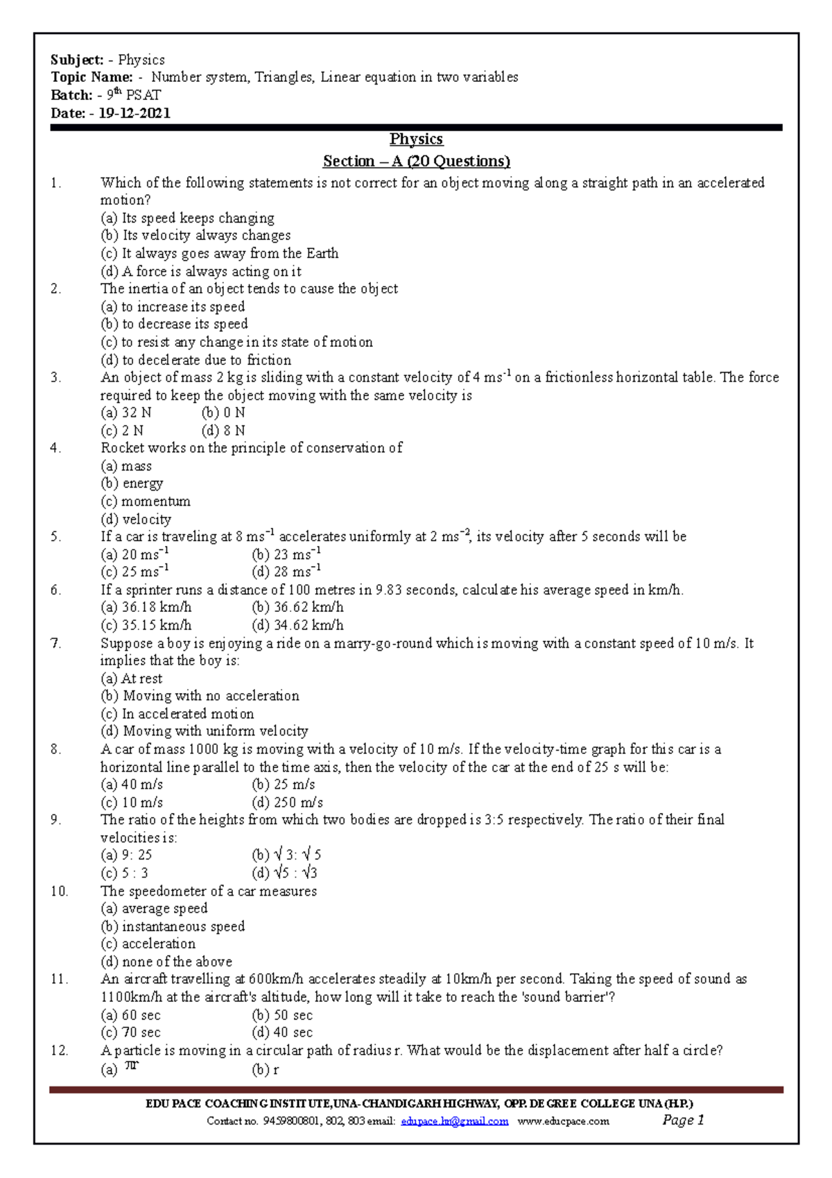 P Hysics FOR 9TH-a Ssigmnent - Subject: - Physics Topic Name: - Number ...