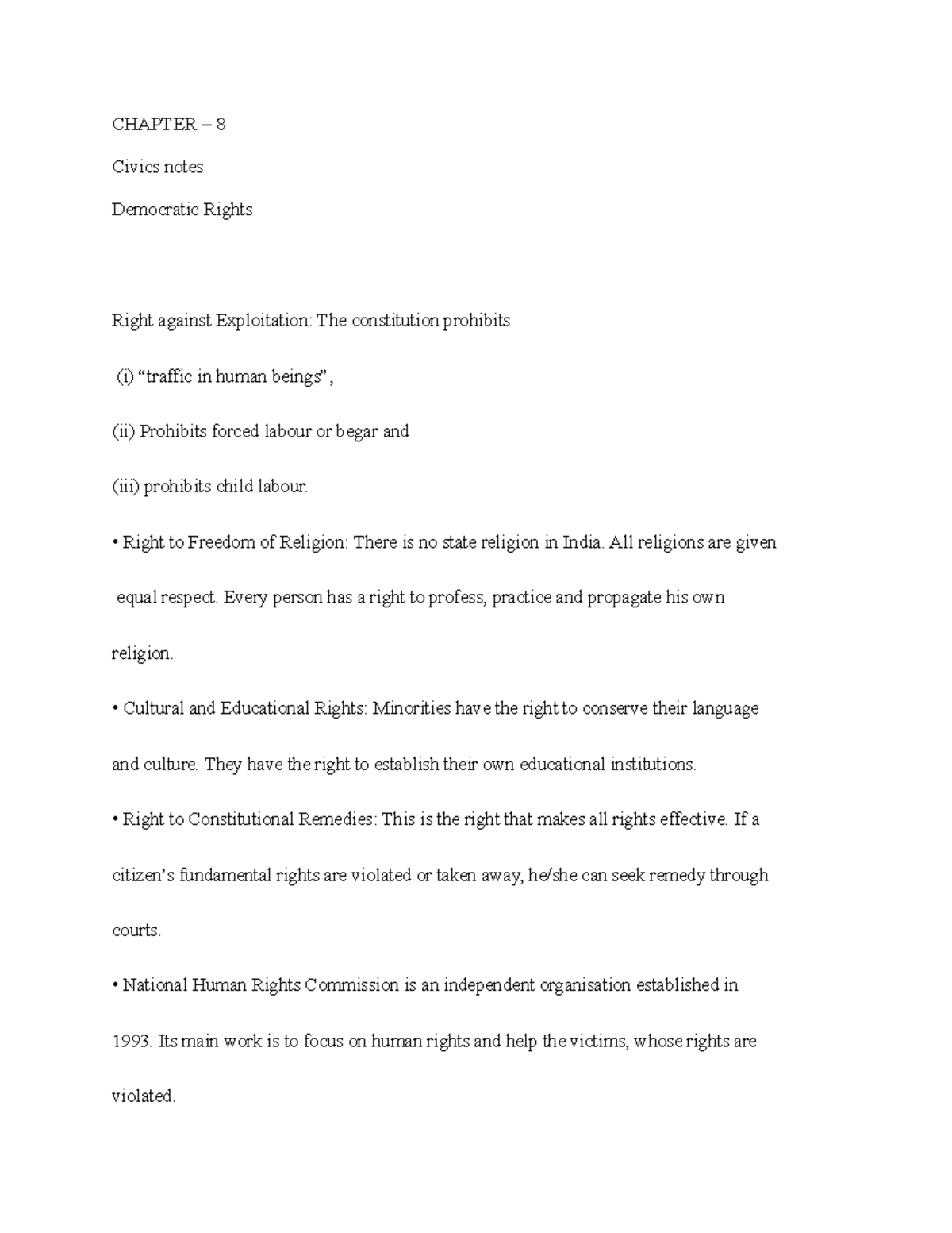 Chapter – 6 Civics Notes 3 - CHAPTER – 8 Civics notes Democratic Rights ...