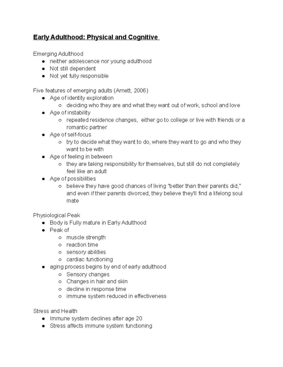 Early Adulthood: Physical and Cognitive Development - Studocu