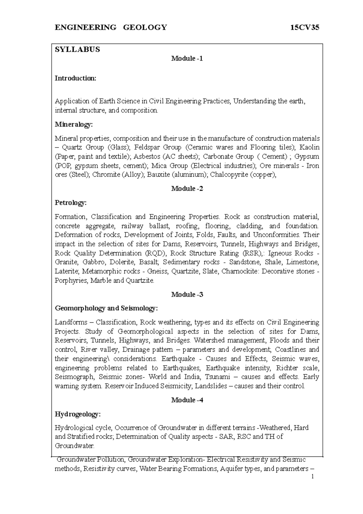 Geology full notes 3rd semester - ENGINEERING GEOLOGY 15CV 1 SYLLABUS ...