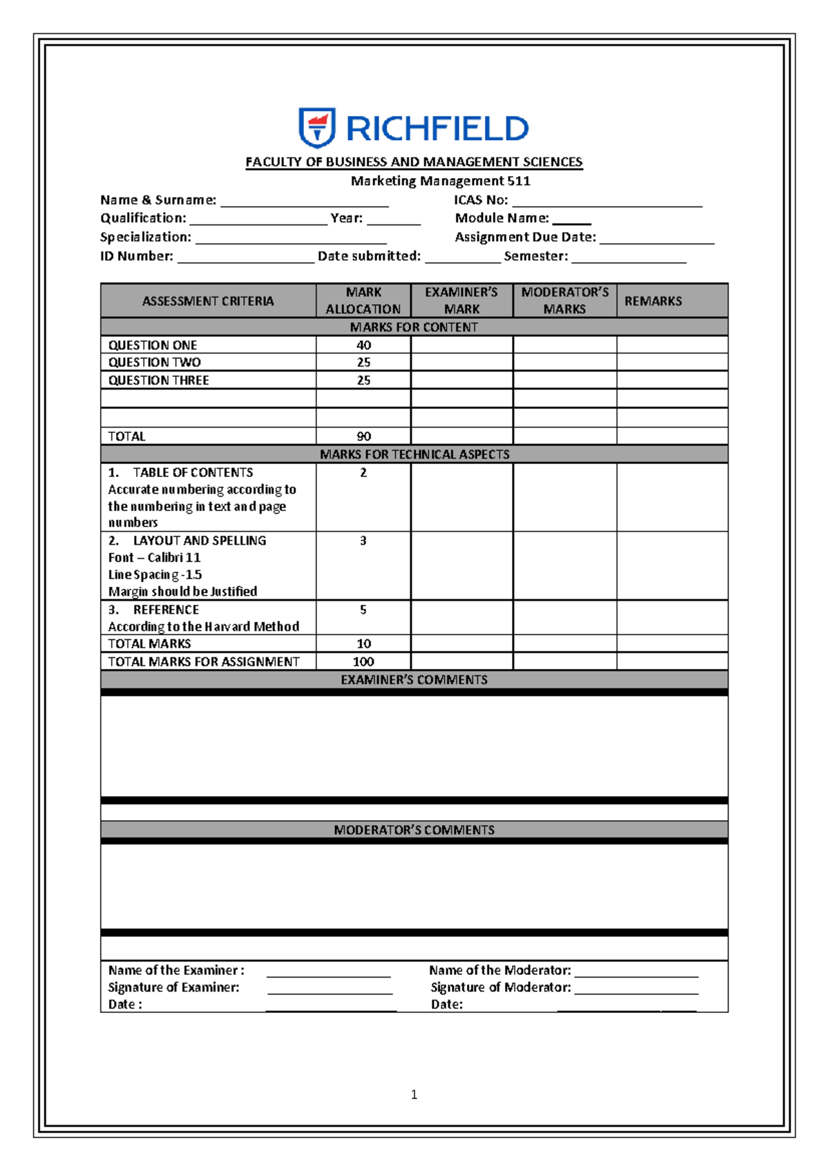 Marketing Management 511 Assignment - FACULTY OF BUSINESS AND MANAGEMENT SCIENCES Marketing ...