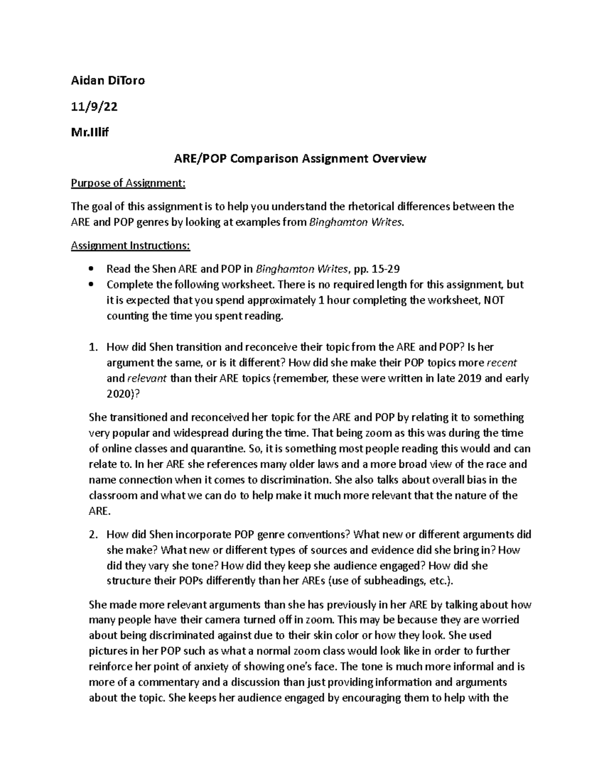 ARE-POP Comparison Assignment - Aidan DiToro 11/9/ Mr ARE/POP ...