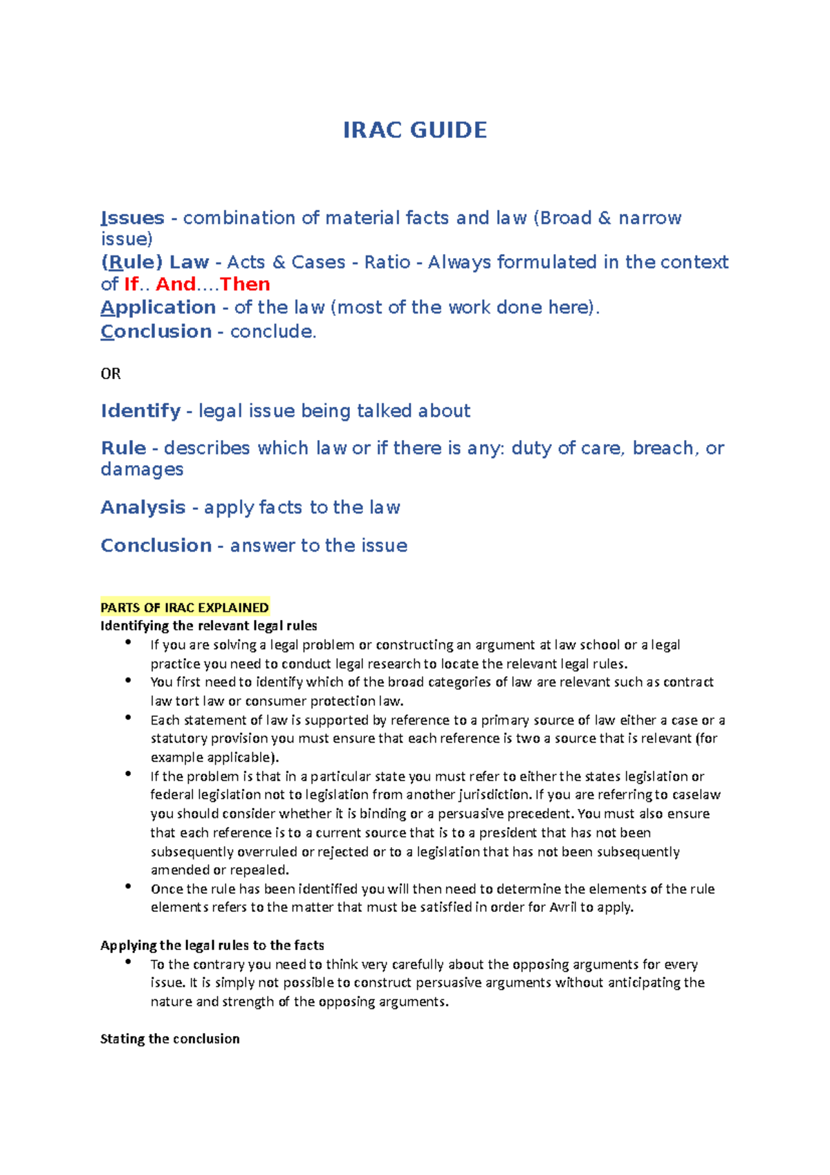 IRAC Guide - IRAC GUIDE Issues - combination of material facts and law (Broad & narrow issue ...