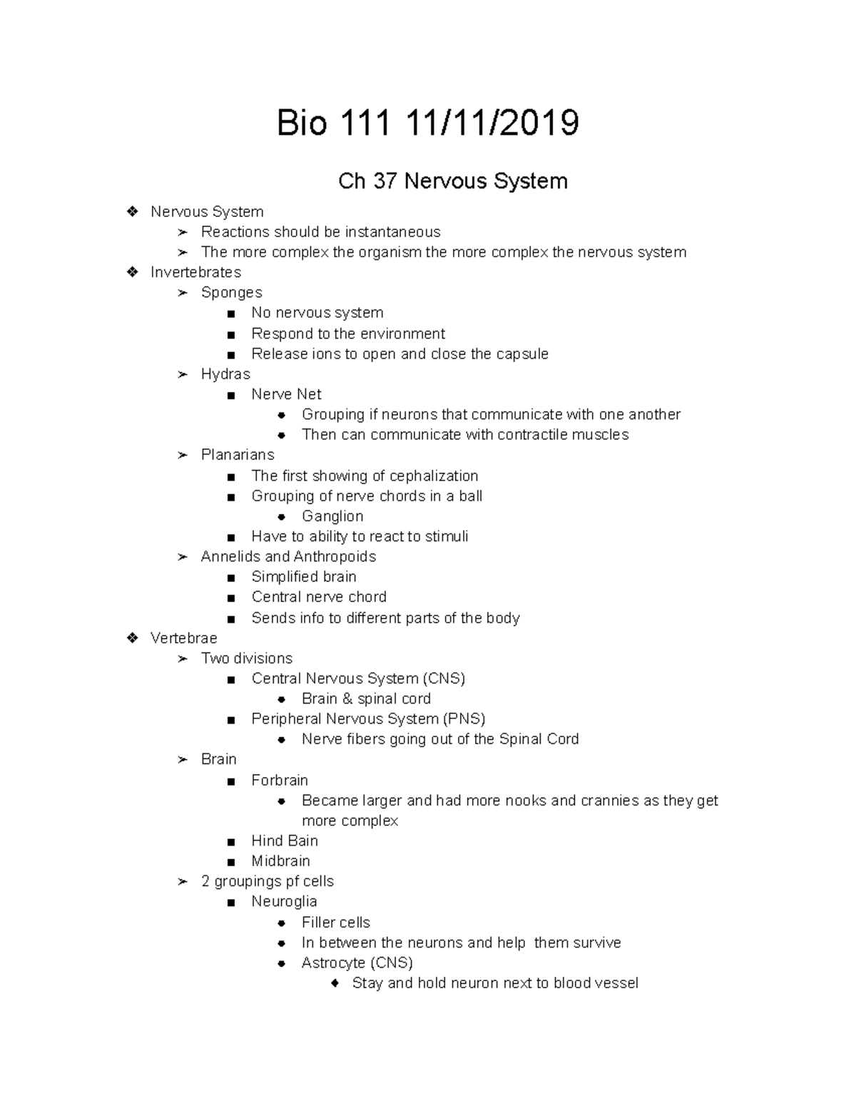 Bio 111 11 11 19 - Notes from Dr. Watkins Bio 111 class. - Bio 111 11 ...
