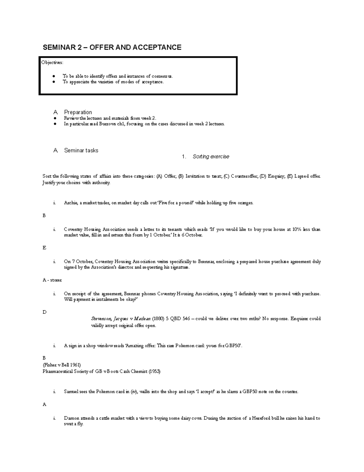 Untitled document - Seminar notes - SEMINAR 2 – OFFER AND ACCEPTANCE ...