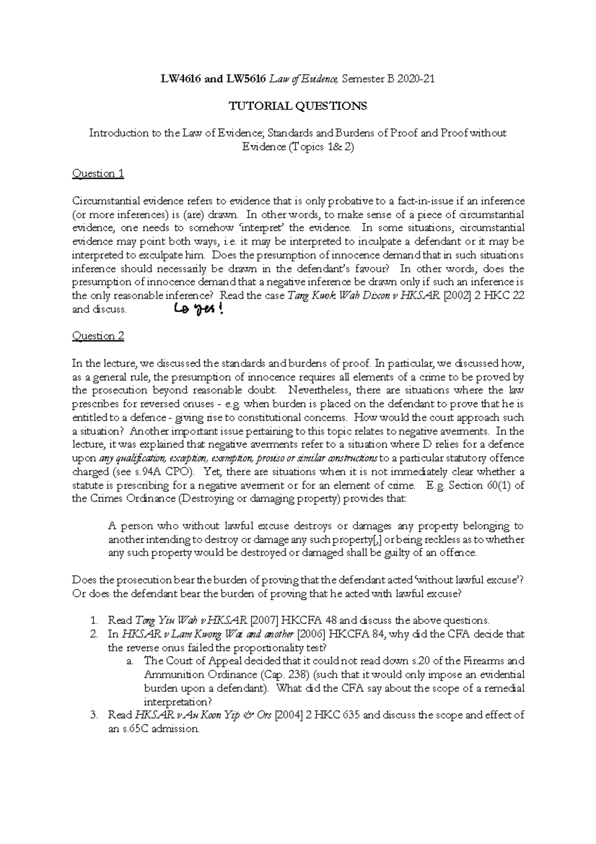 Evidence Law Tutorial Questions week 1 and week 2 - LW4616 and LW5616 ...