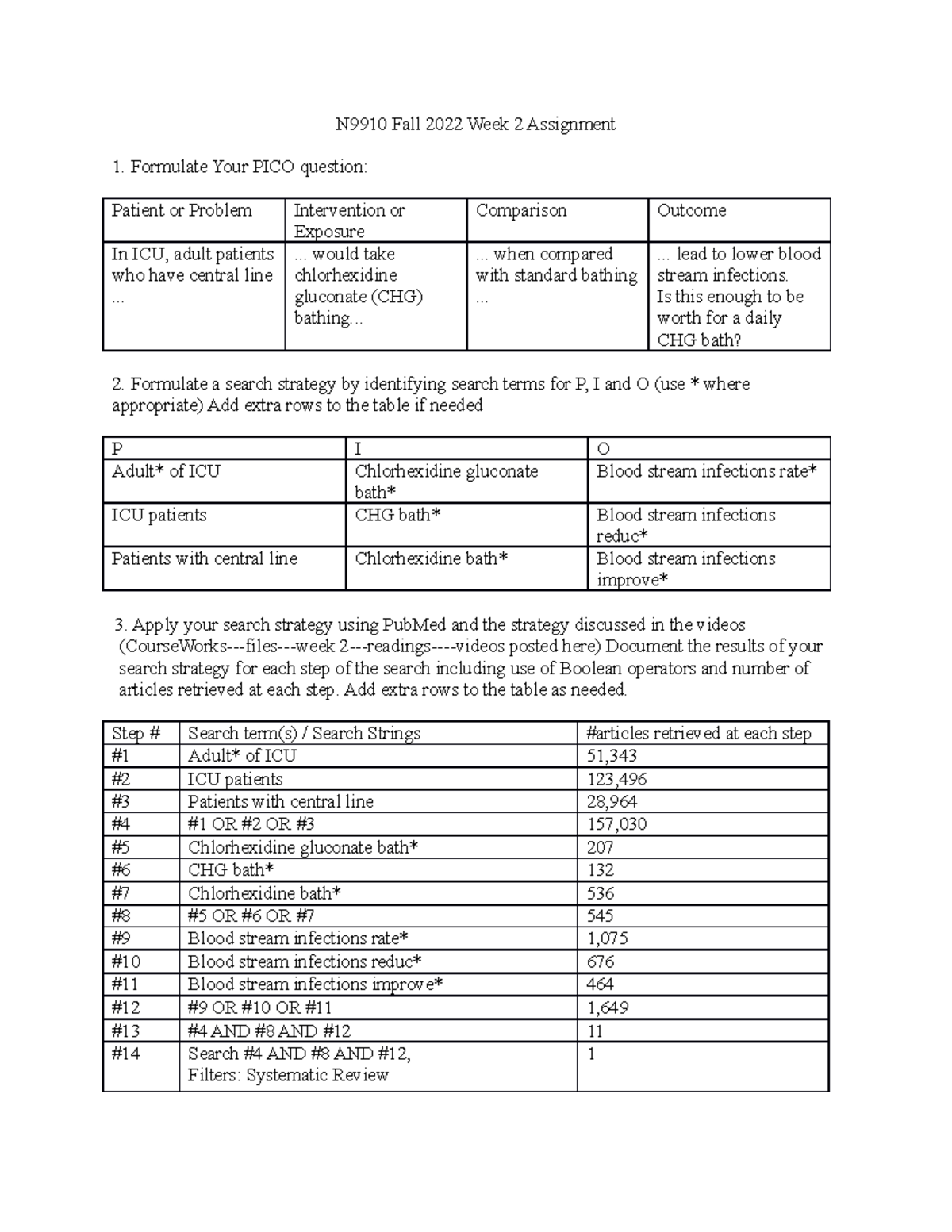 9910 Week 2 PICO Worksheet-1 - N9910 Fall 2022 Week 2 Assignment Formulate Your PICO question ...