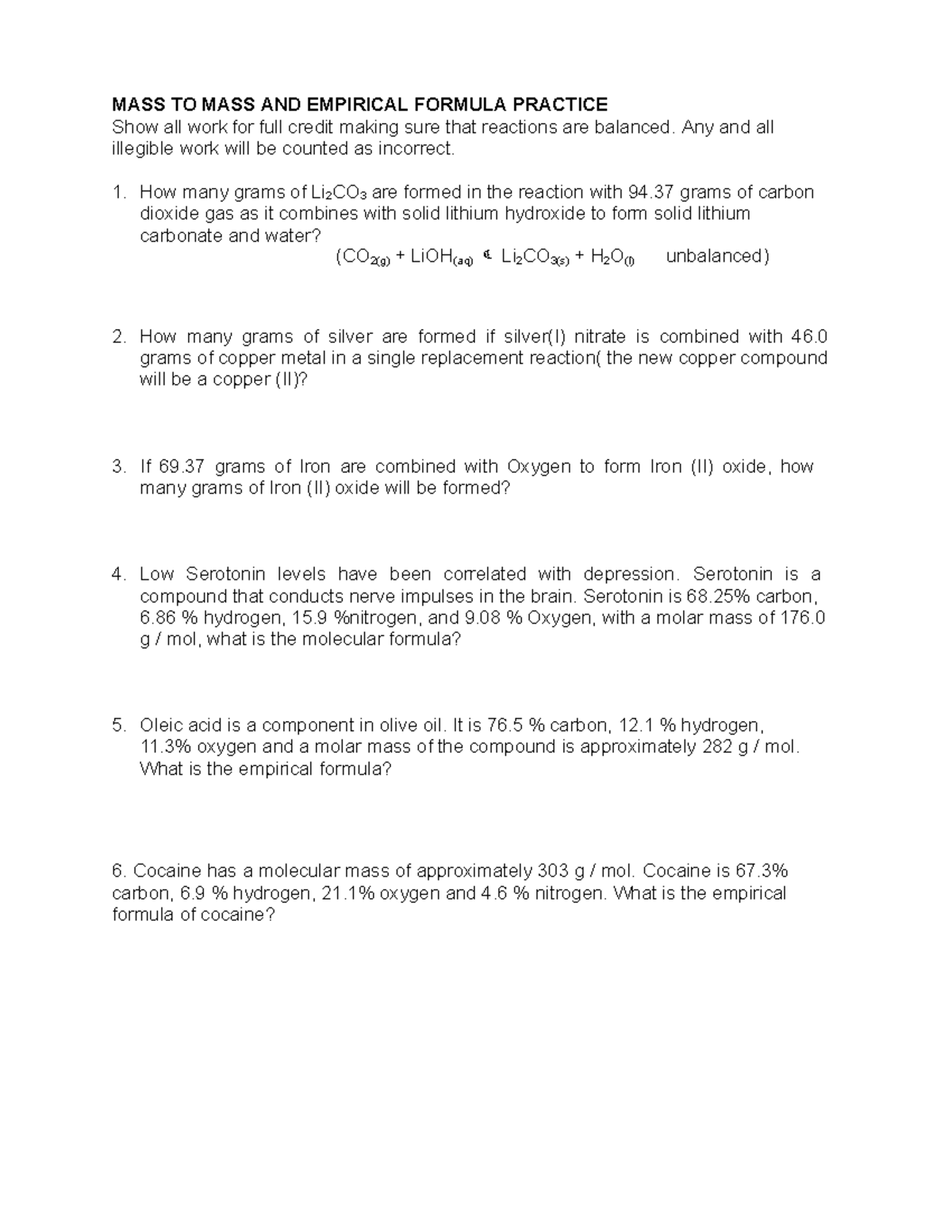 MASS TO MASS AND Empirical Formula Practice - MASS TO MASS AND ...