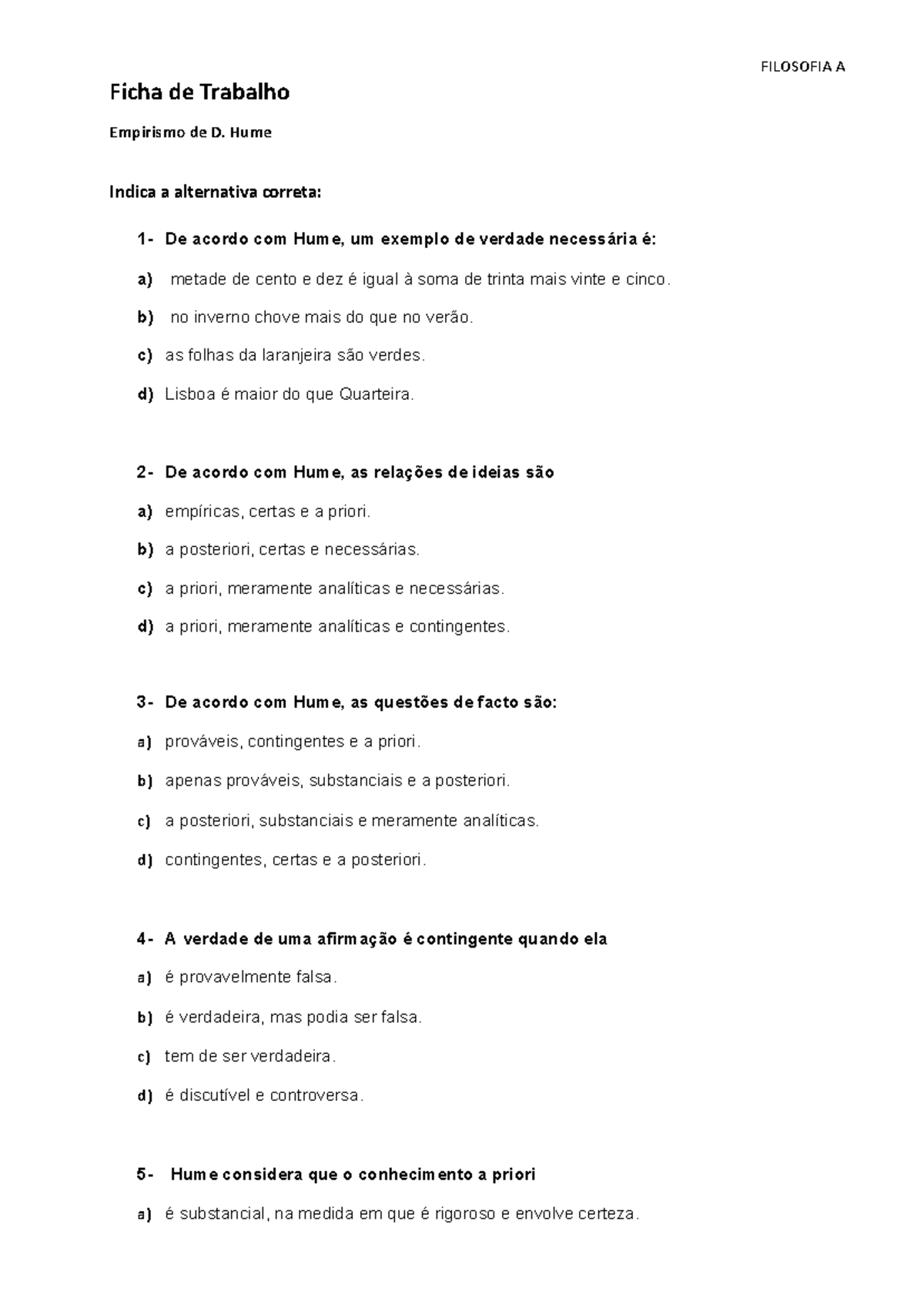 FT D - Ficha de trabalho de filosofia 11 ano - Hume - FILOSOFIA A Ficha de Trabalho Empirismo de ...