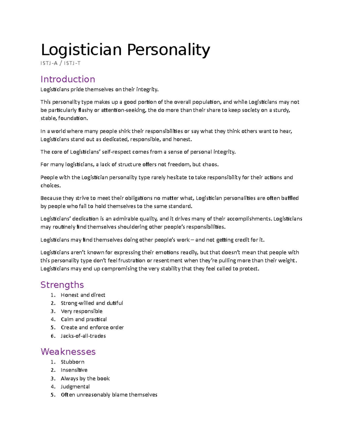 Logistician Personality Analysis - Logistician Personality ISTJ-A ...