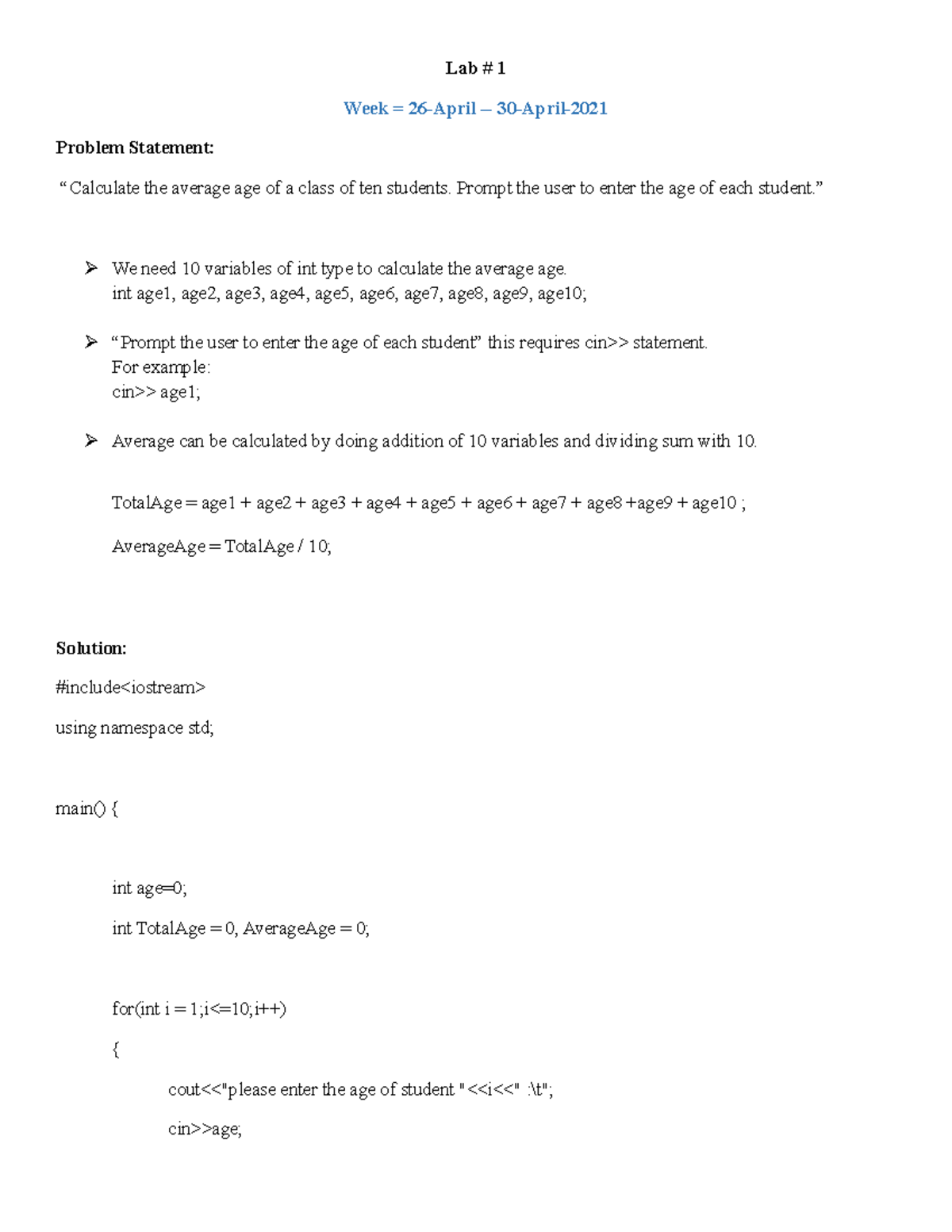 CS201-Lab-Exercise - MUCH USEFUL - Lab # 1 Week = 26-April - 30-April ...