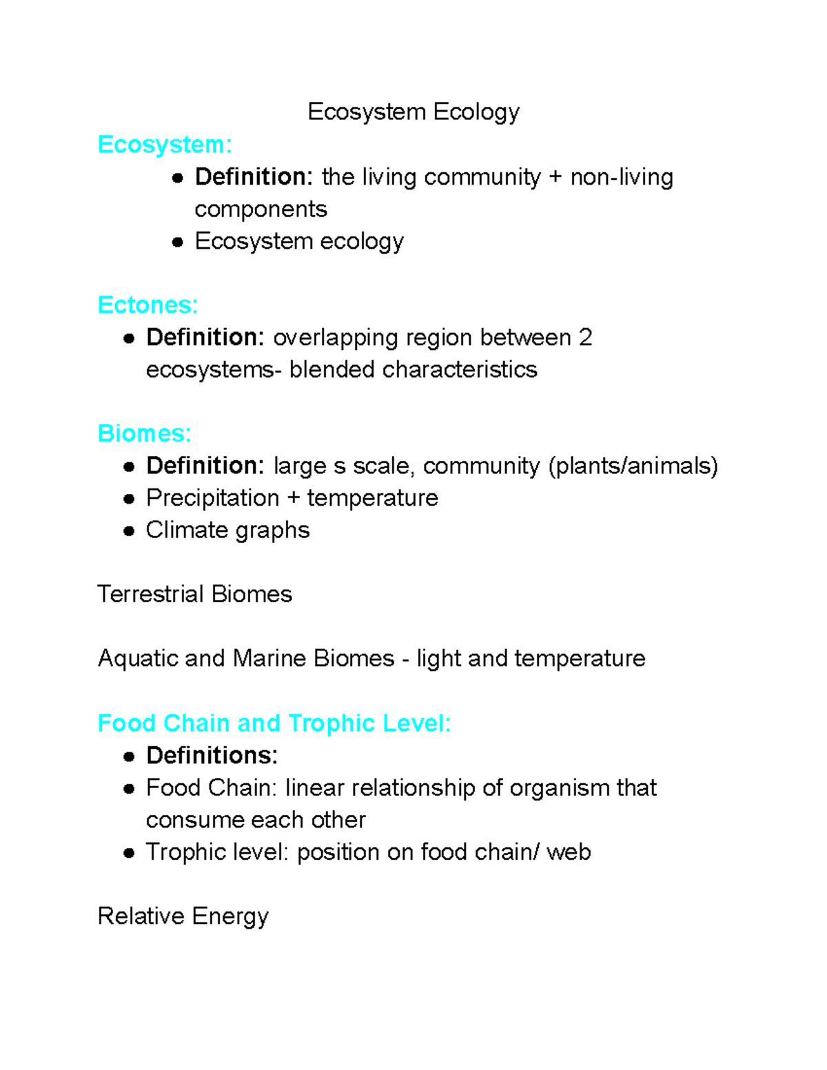 Intro to Ecology - Ecosystem Ecology Ecosystem: Definition: the living ...