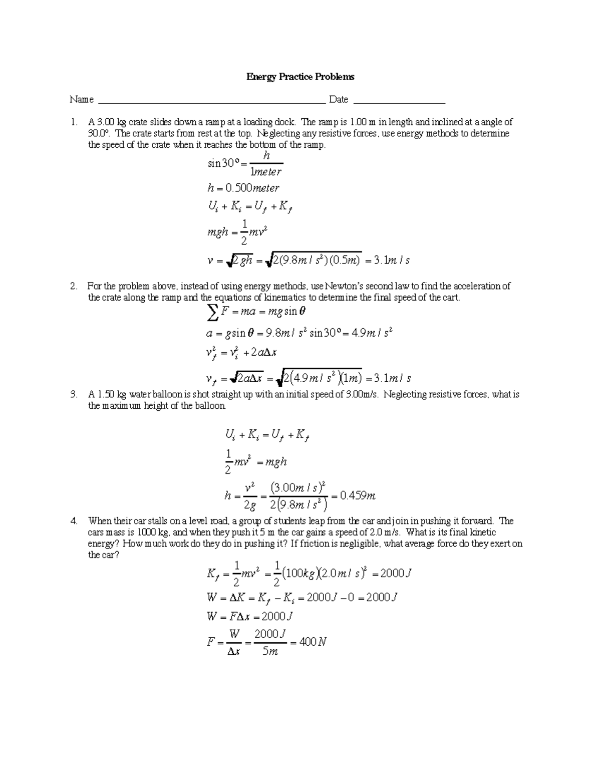 Energy Practice Problems - ####### Energy Practice Problems ...