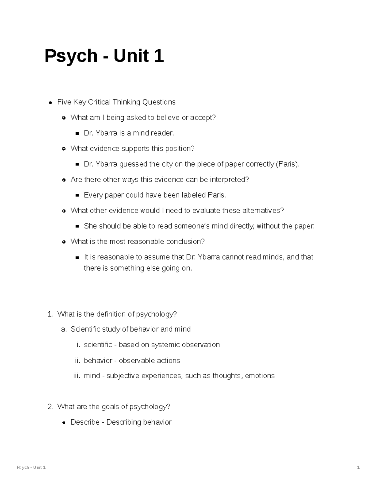 Unit 1 - Intro to Psychology - Psych - Unit 1 Five Key Critical ...