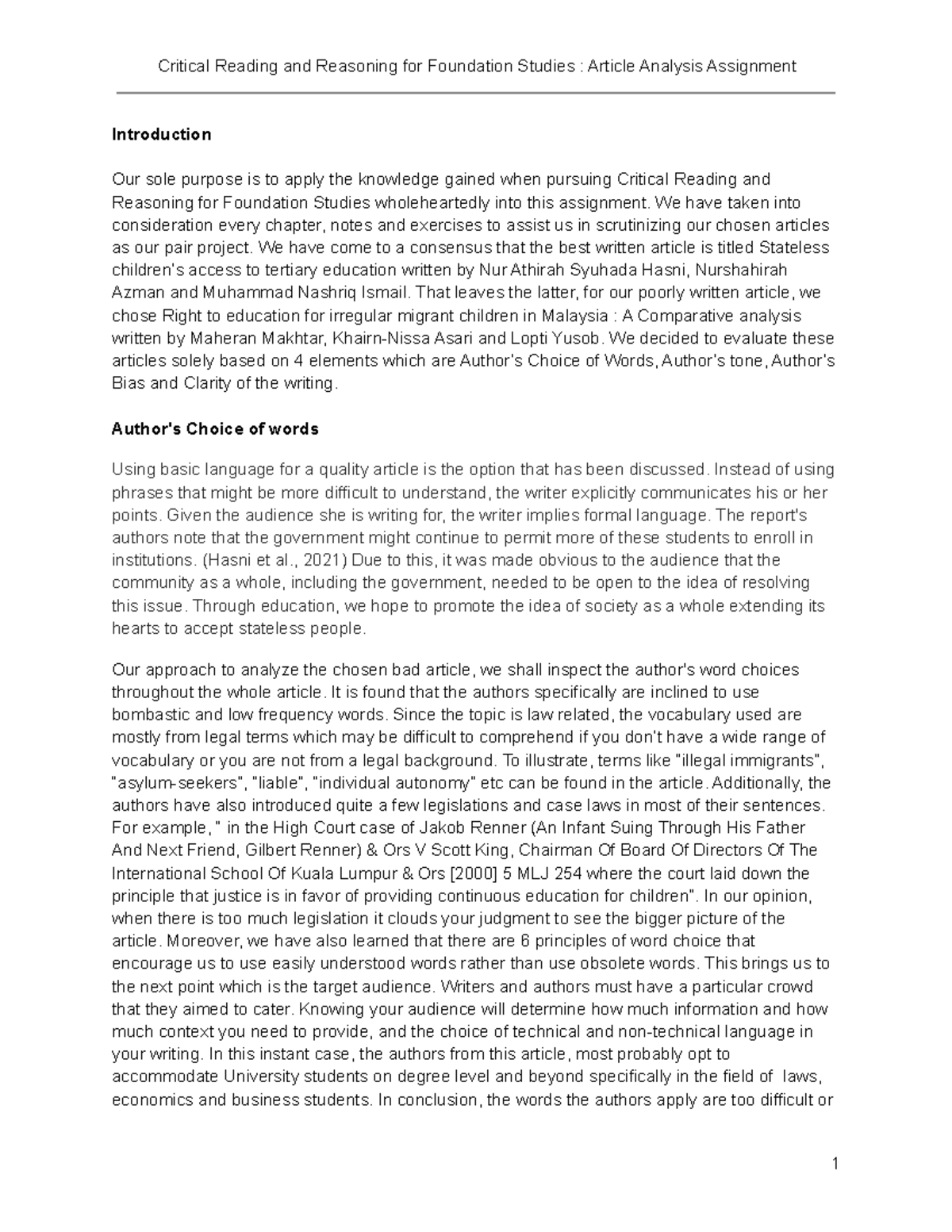 Article Analysis - This is one of the assignments for ELC 091. Here is ...