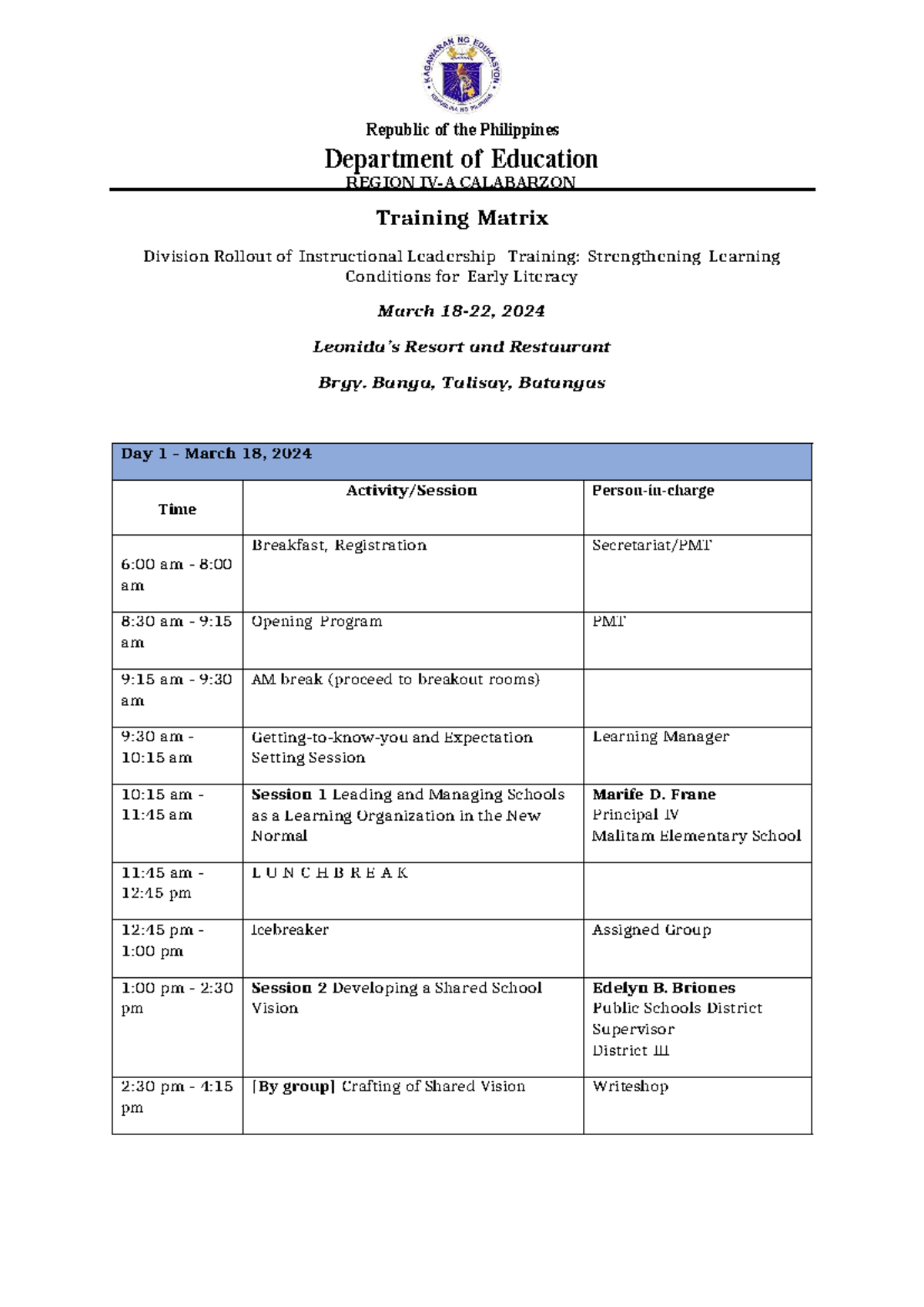 5 day Training Matrix ILT - Republic of the Philippines Department of ...