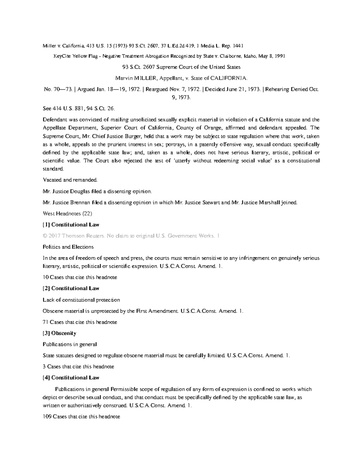 Miller v California - Case Brief - Miller v. California, 413 U. 15 ...