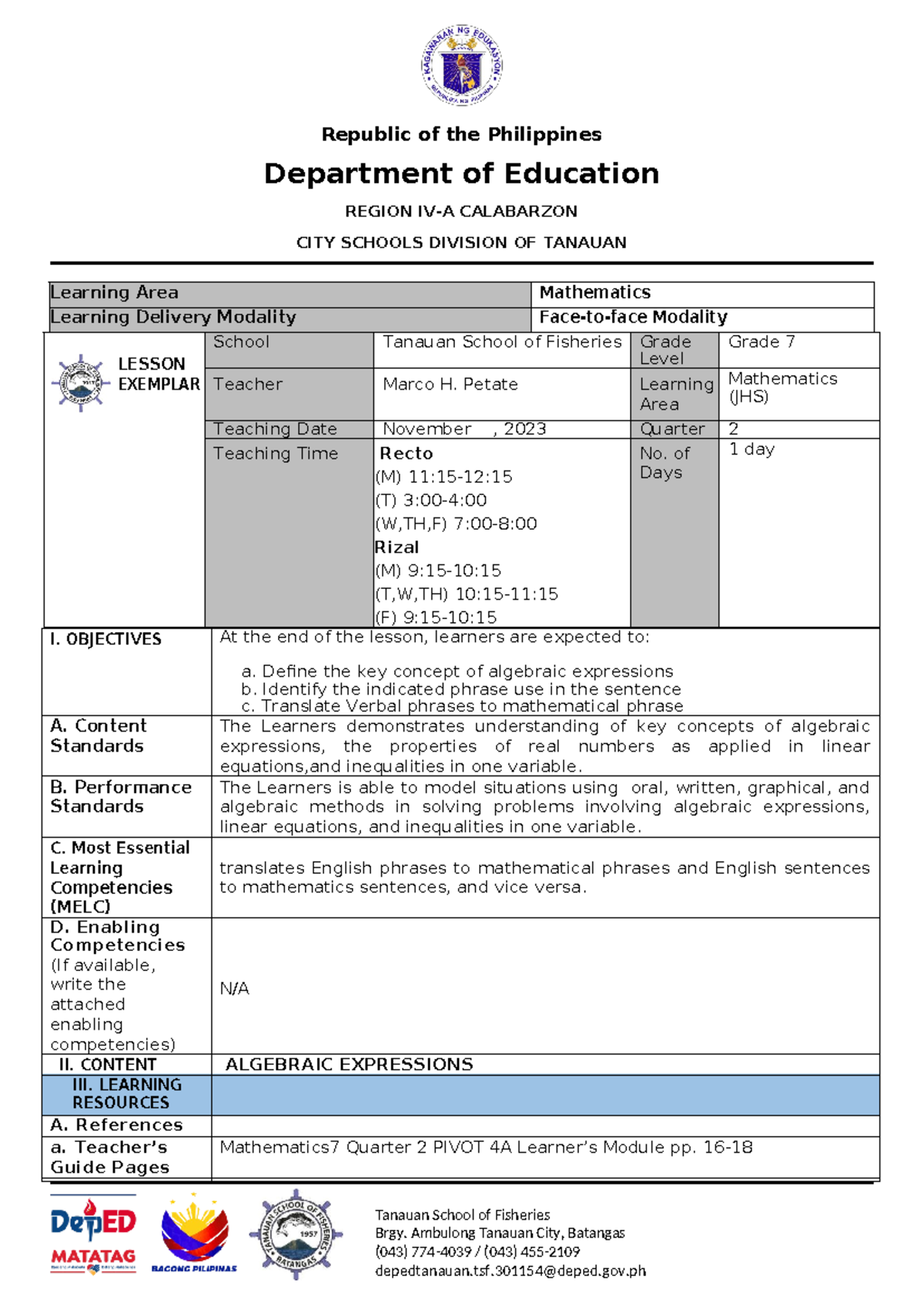 Algeb - Notes - Department of Education REGION IV-A CALABARZON CITY ...