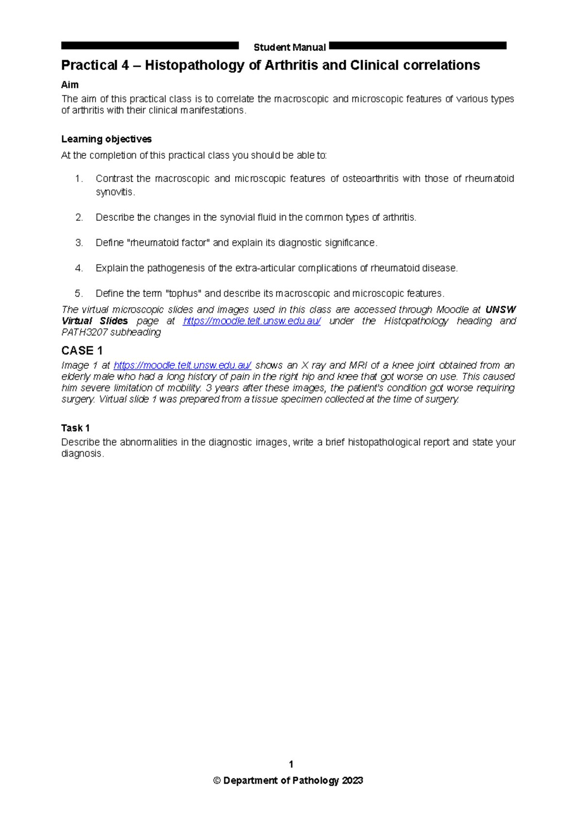 Week 4 Prac Arthropathies Worksheet 2023 - Practical 4 – Histopathology ...