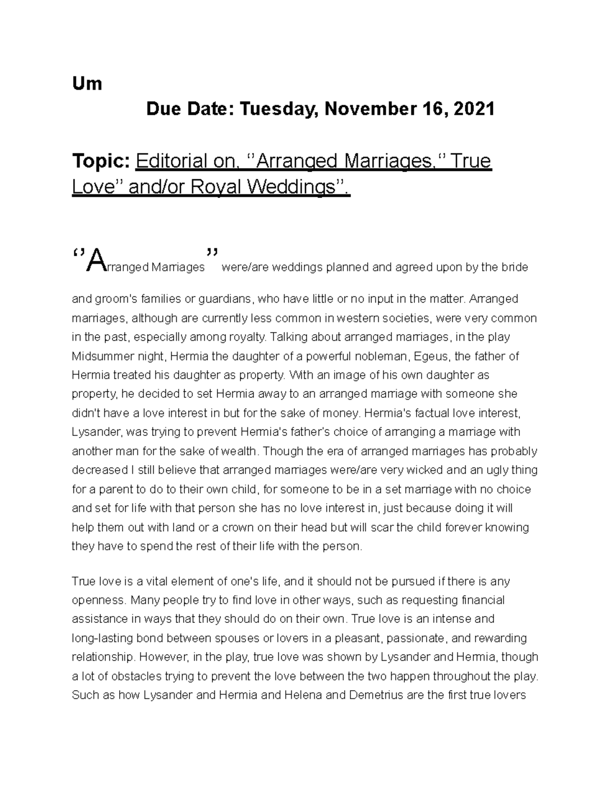 Creative Folio Act 1 and 2 - Um Due Date: Tuesday, November 16, 2021 ...