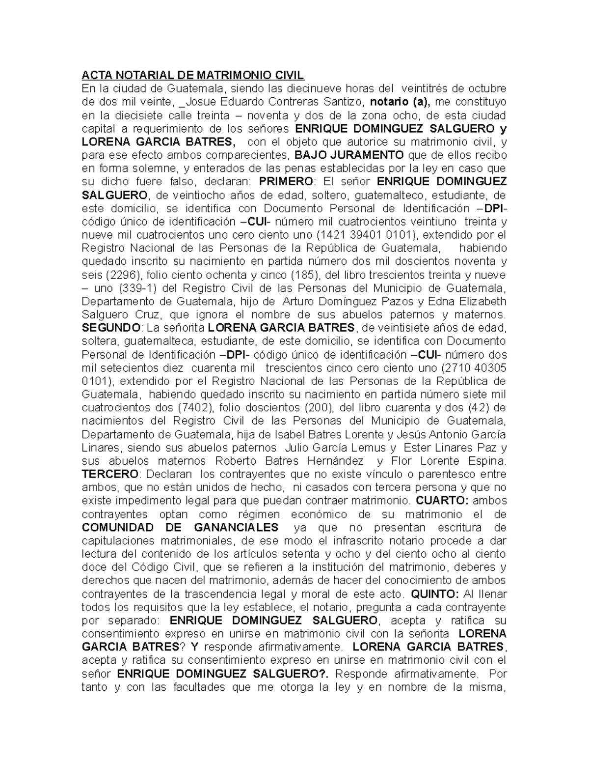 ACTA Notarial DE Matrimonio Civil - ACTA NOTARIAL DE MATRIMONIO CIVIL En la ciudad de Guatemala ...