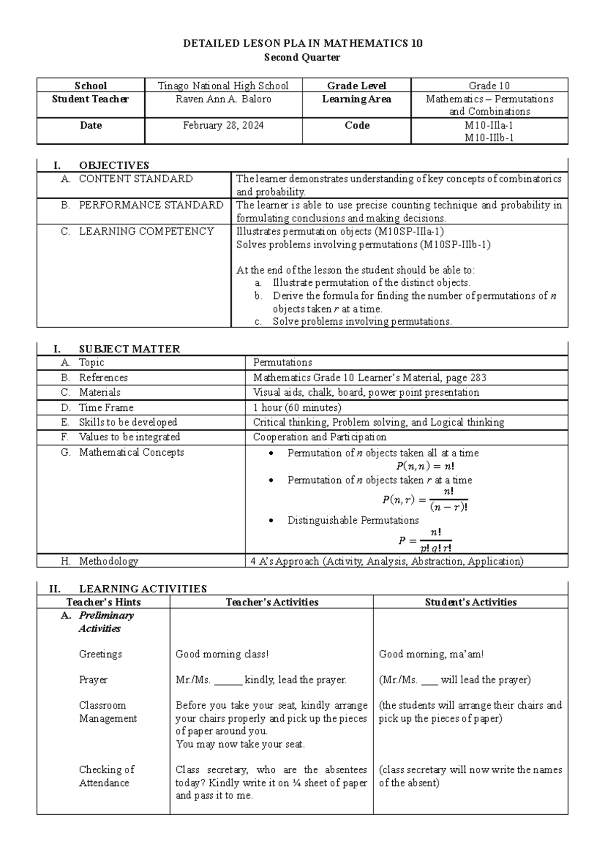 10 Permutation DLP - DETAILED LESON PLA IN MATHEMATICS 10 Second Quarter School Tinago National ...