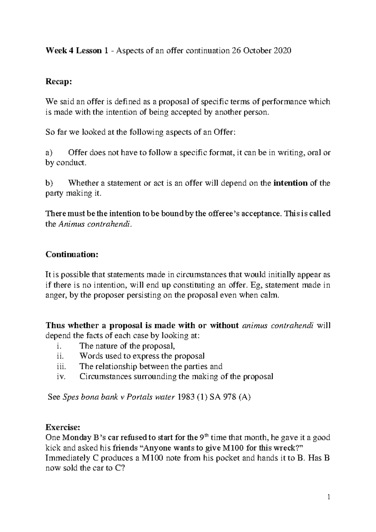 L2301 Week 4 Lesson 1 Aspects of an offer - cont - Week 4 Lesson 1 ...