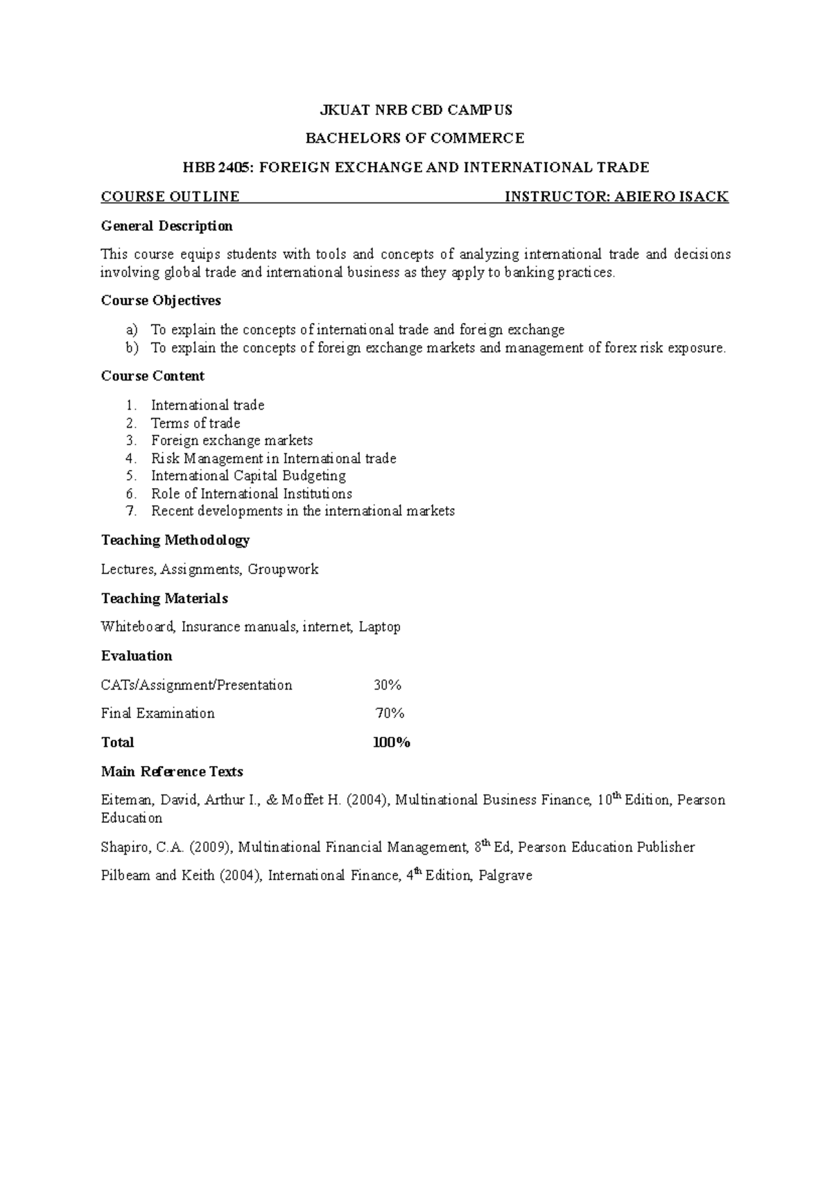 Course outline International trade - JKUAT NRB CBD CAMPUS BACHELORS OF ...