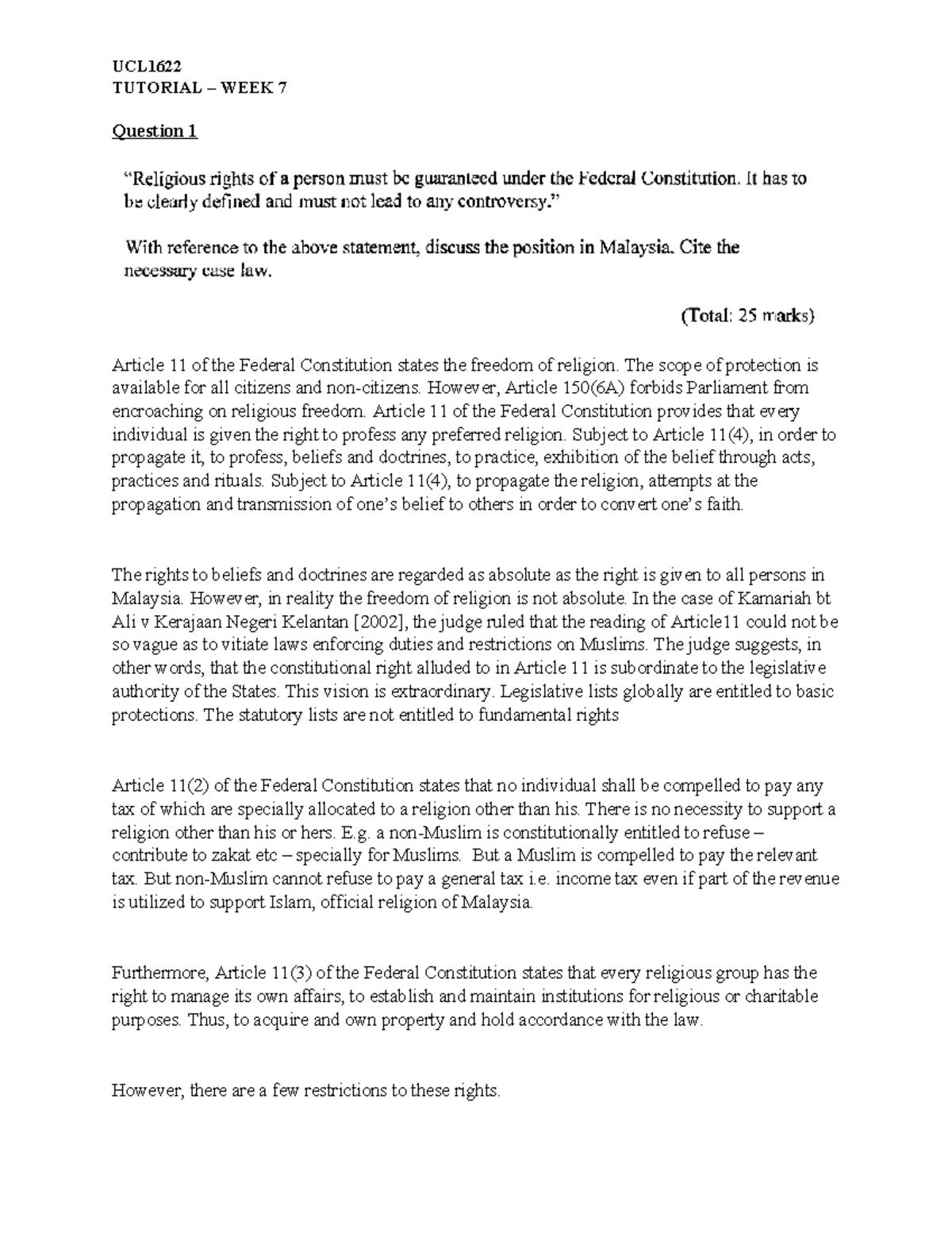 6. Week 7 Art 11 - tuto 7 - TUTORIAL – WEEK 7 Question 1 Article 11 of the Federal Constitution ...