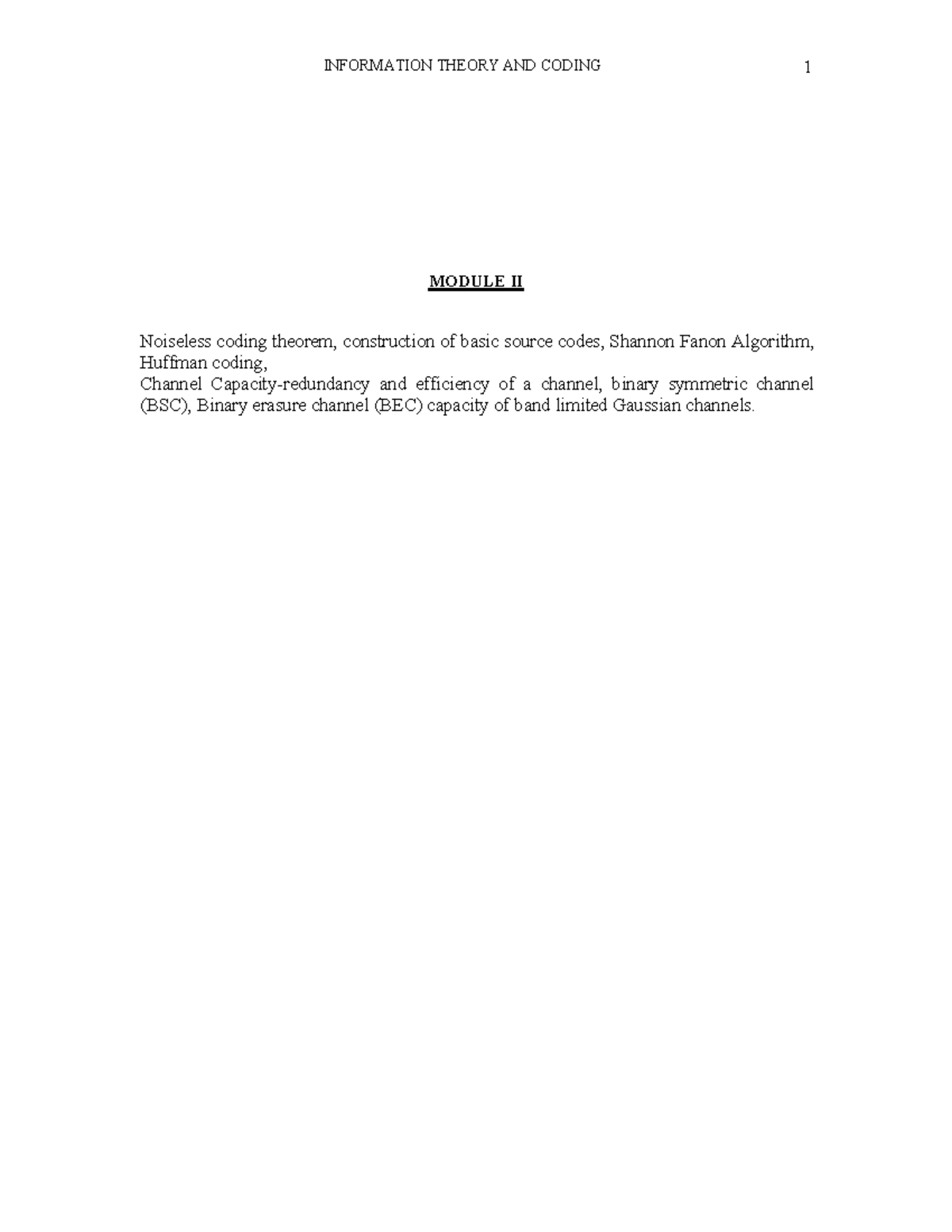 ITC module 2 - Lecture notes 2 - MODULE II Noiseless coding theorem ...