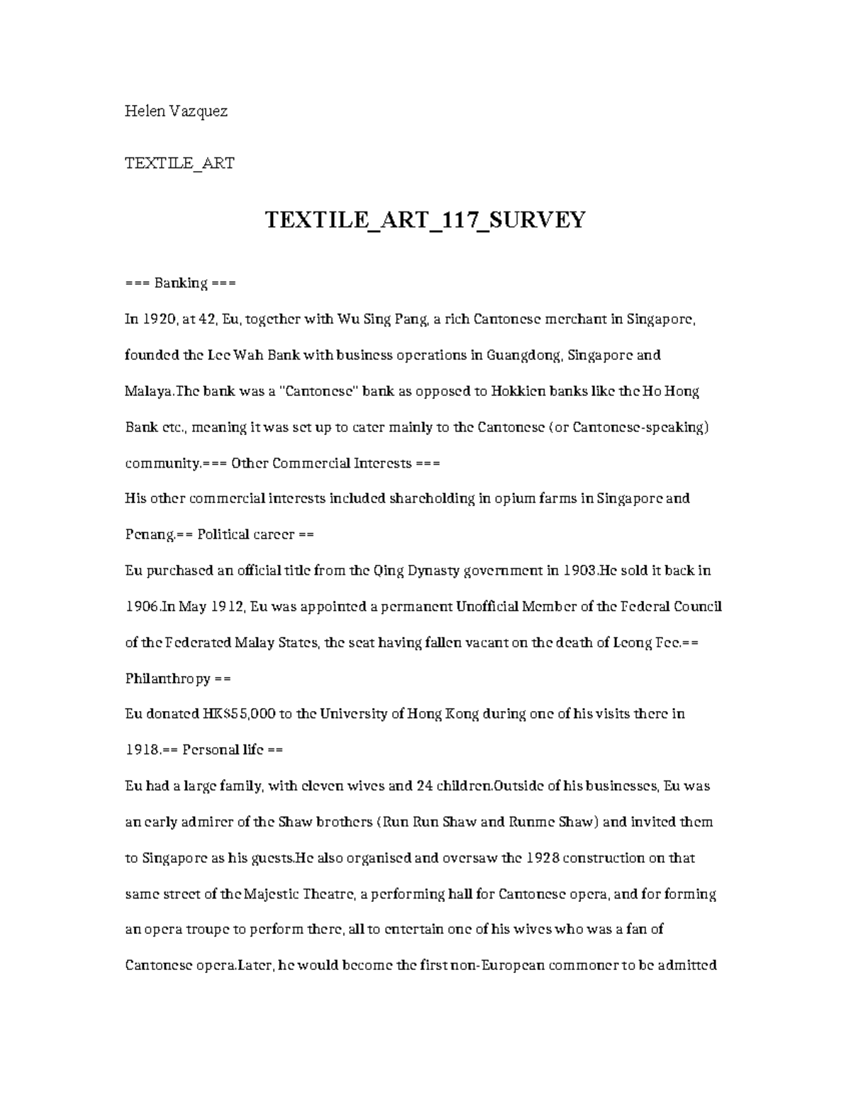 Textile ART 117 Survey - this allows you to specify the format you want ...