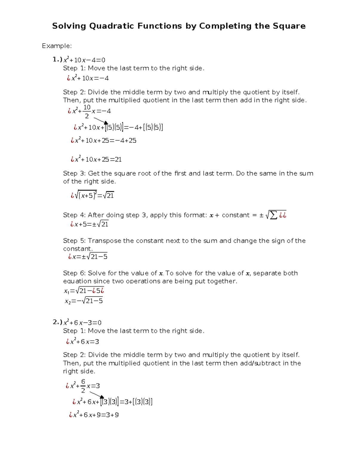 Math9-Completing the Square - Solving Quadratic Functions by Completing ...