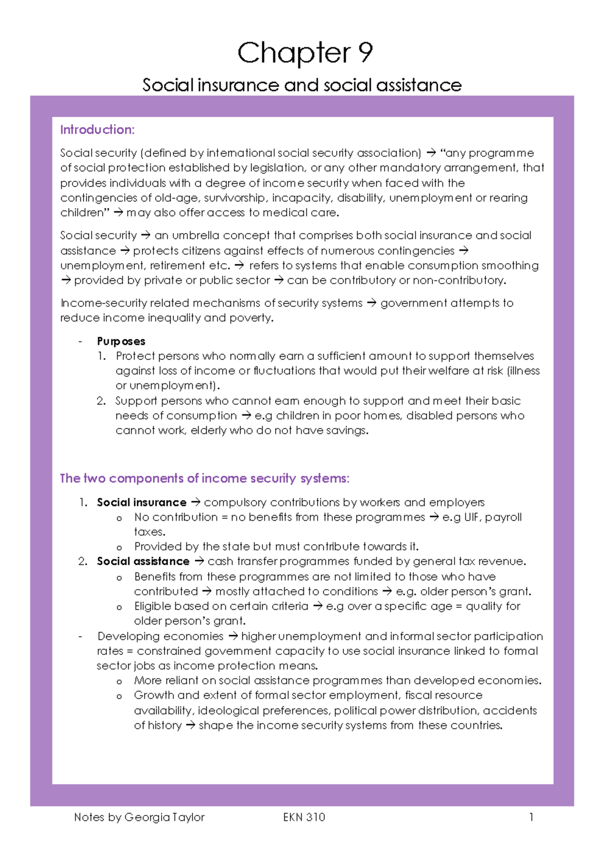 Chapter 9 - Good - Social insurance and social assistance Chapter 9 ...