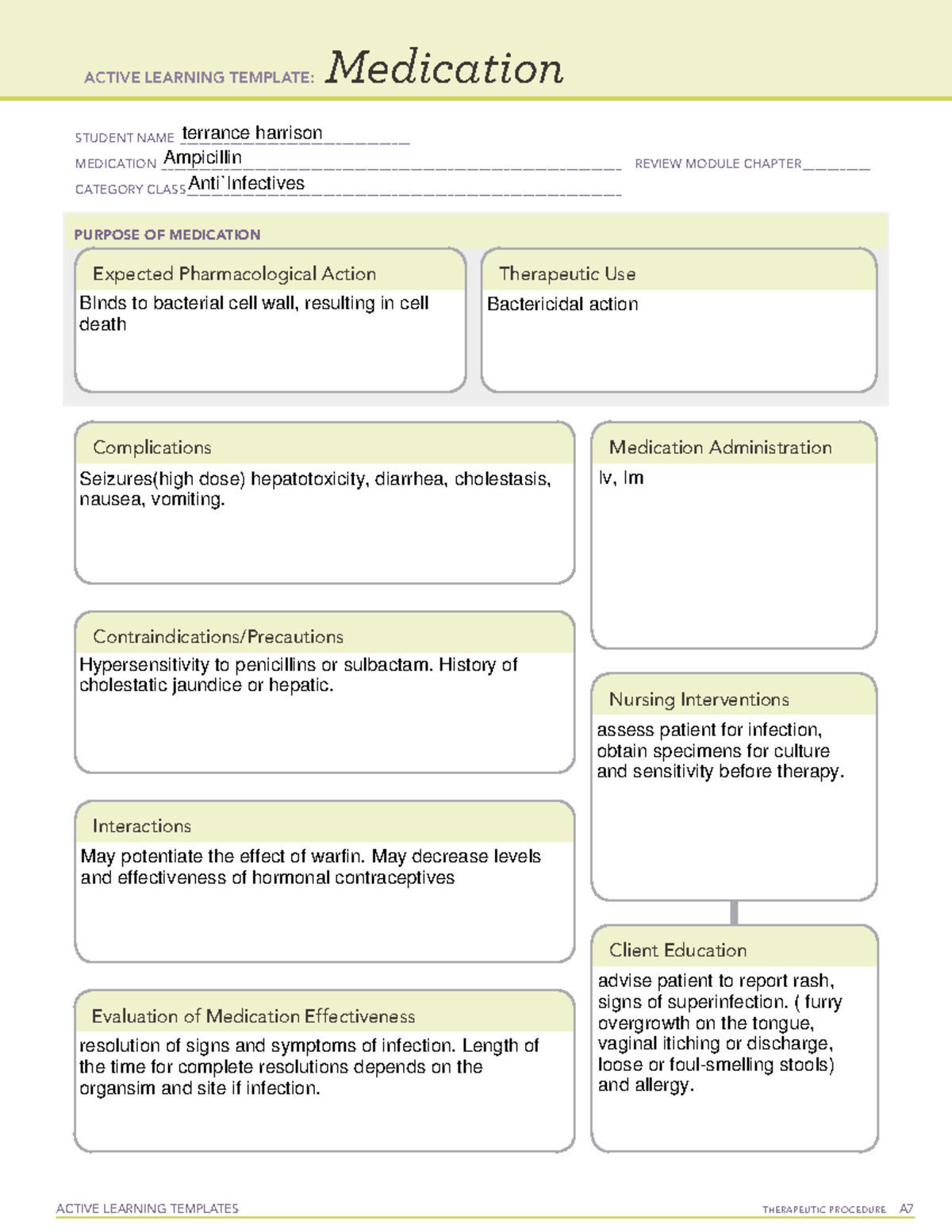 Ampicillin - notes - ACTIVE LEARNING TEMPLATES THERAPEUTIC PROCEDURE A ...