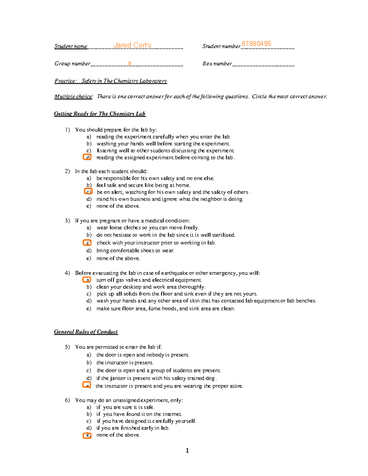 CHE1503 Safety worksheet ans - Student name ...