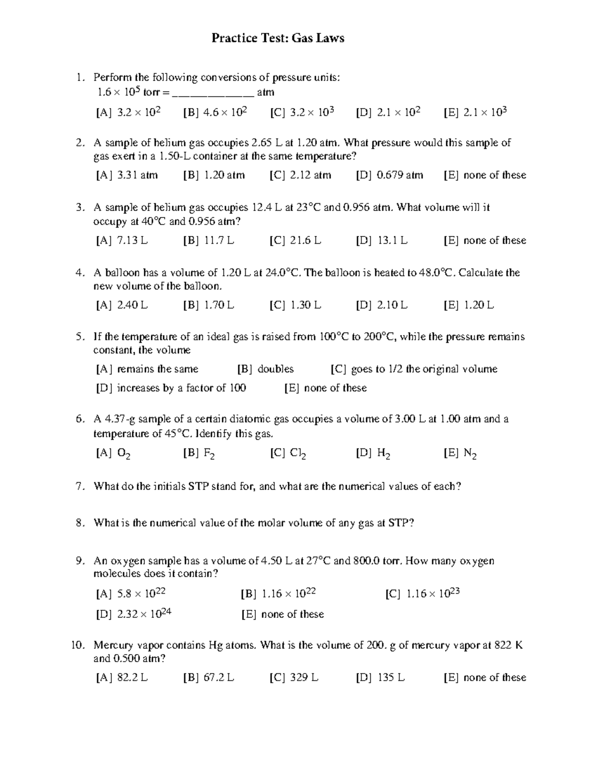 Practice Test: Gas Laws Review - Perform the following conversions of ...